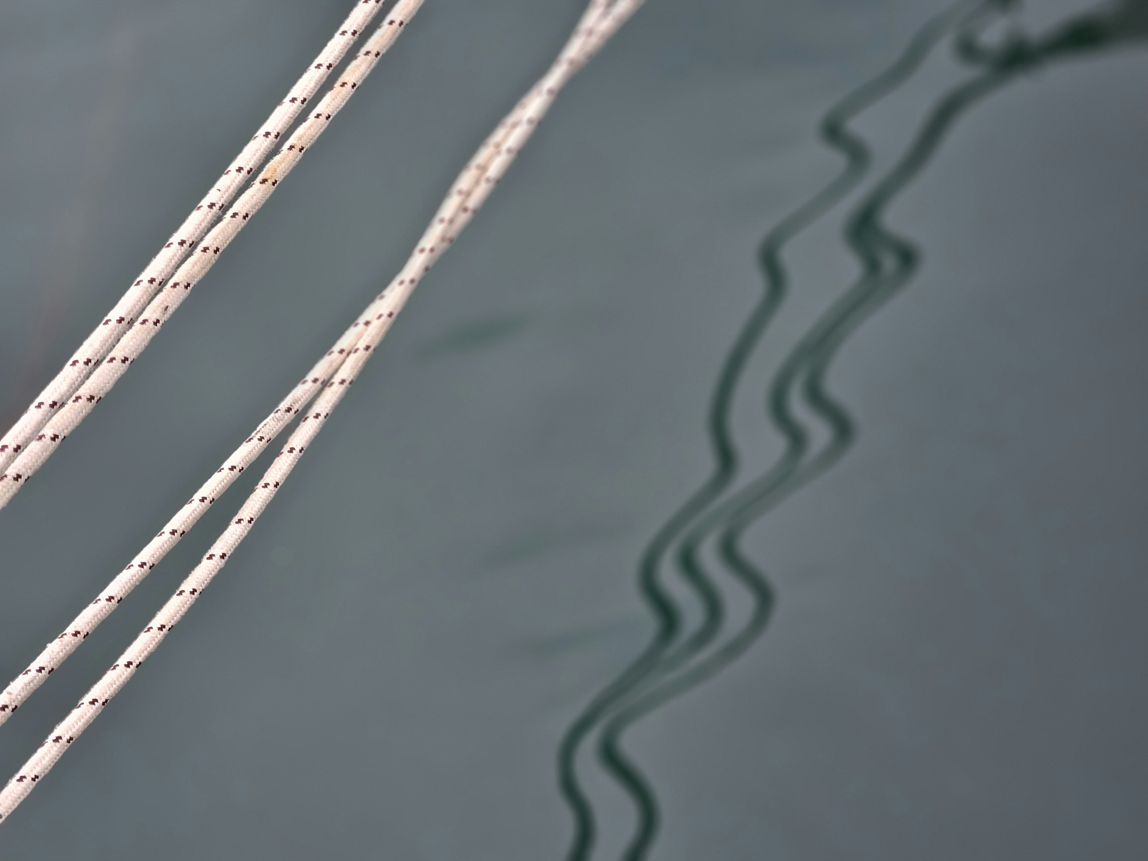 Close-up of two white ropes diagonally across the frame with wavy green reflections on calm water in the background.