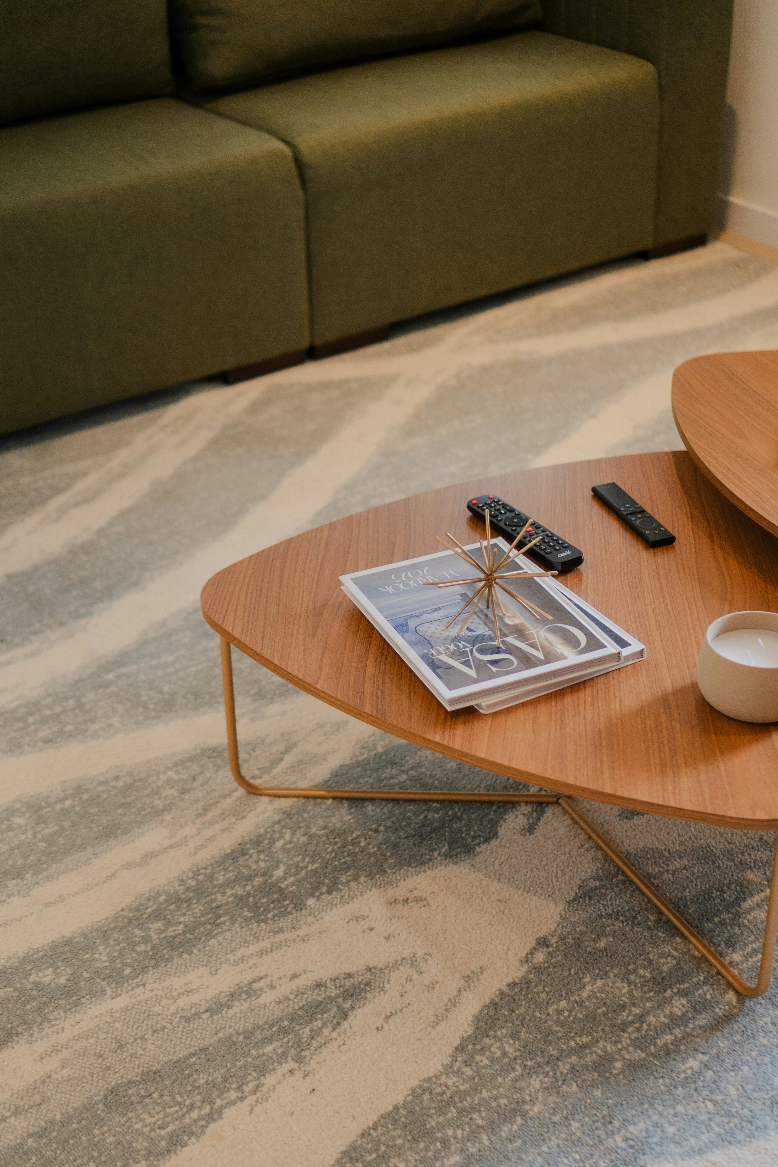 Mid-Century Coffee Table Calm: Remotes, Magazine, and a Quiet Lounge Moment