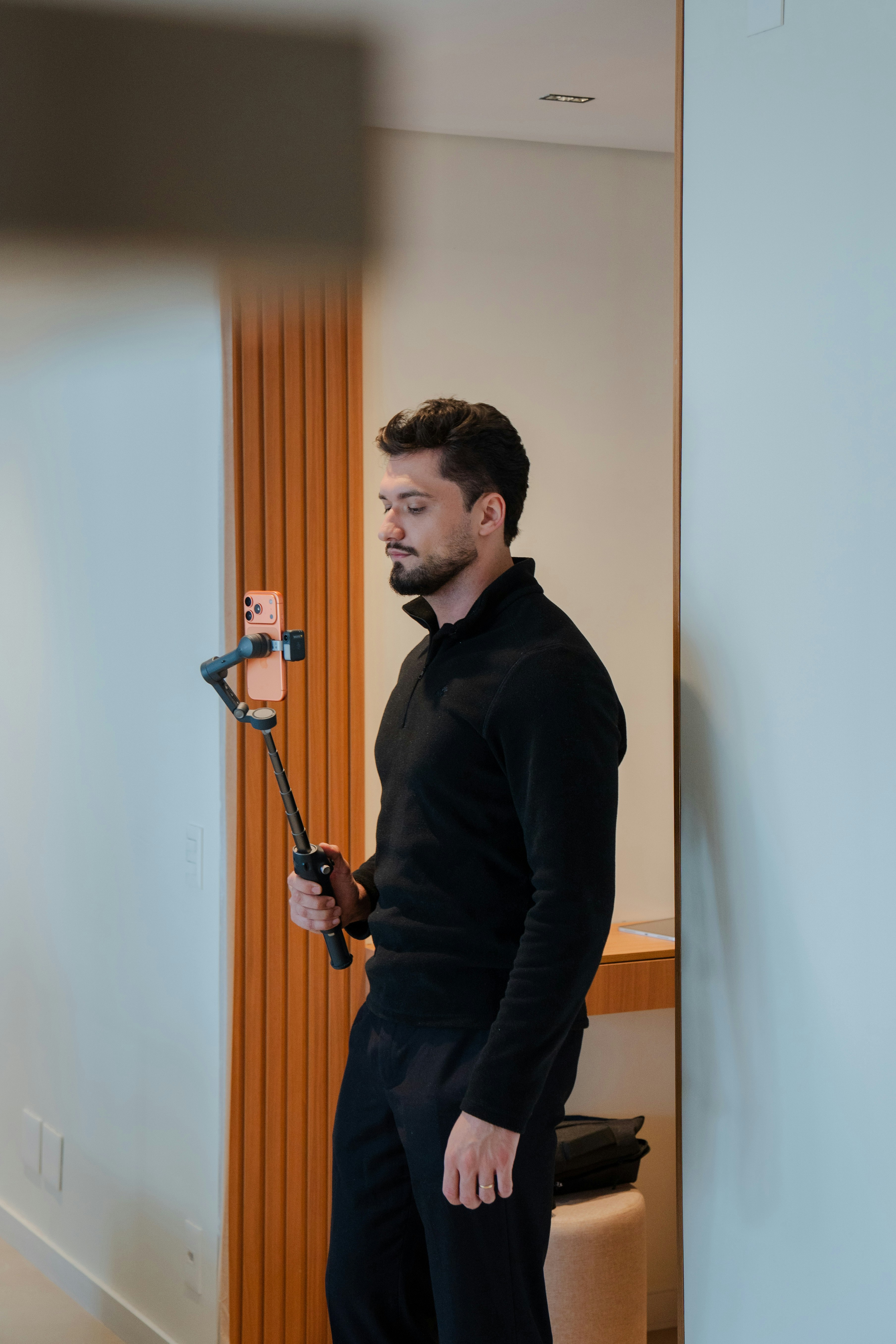 Profile Portrait with Smartphone Rig in an Interior Corridor