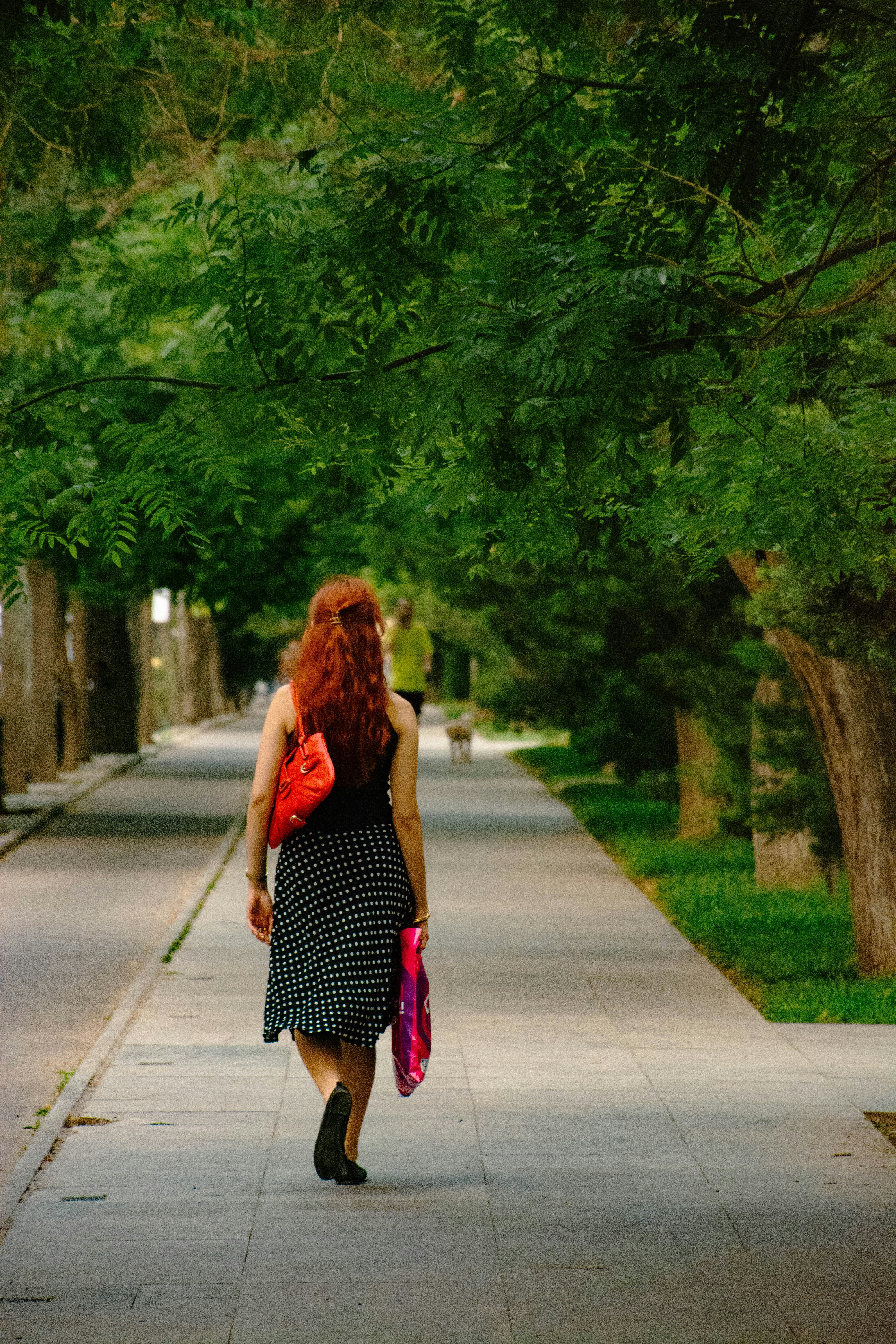 Red-Backed Figure Walking Away Through a Green Canopy