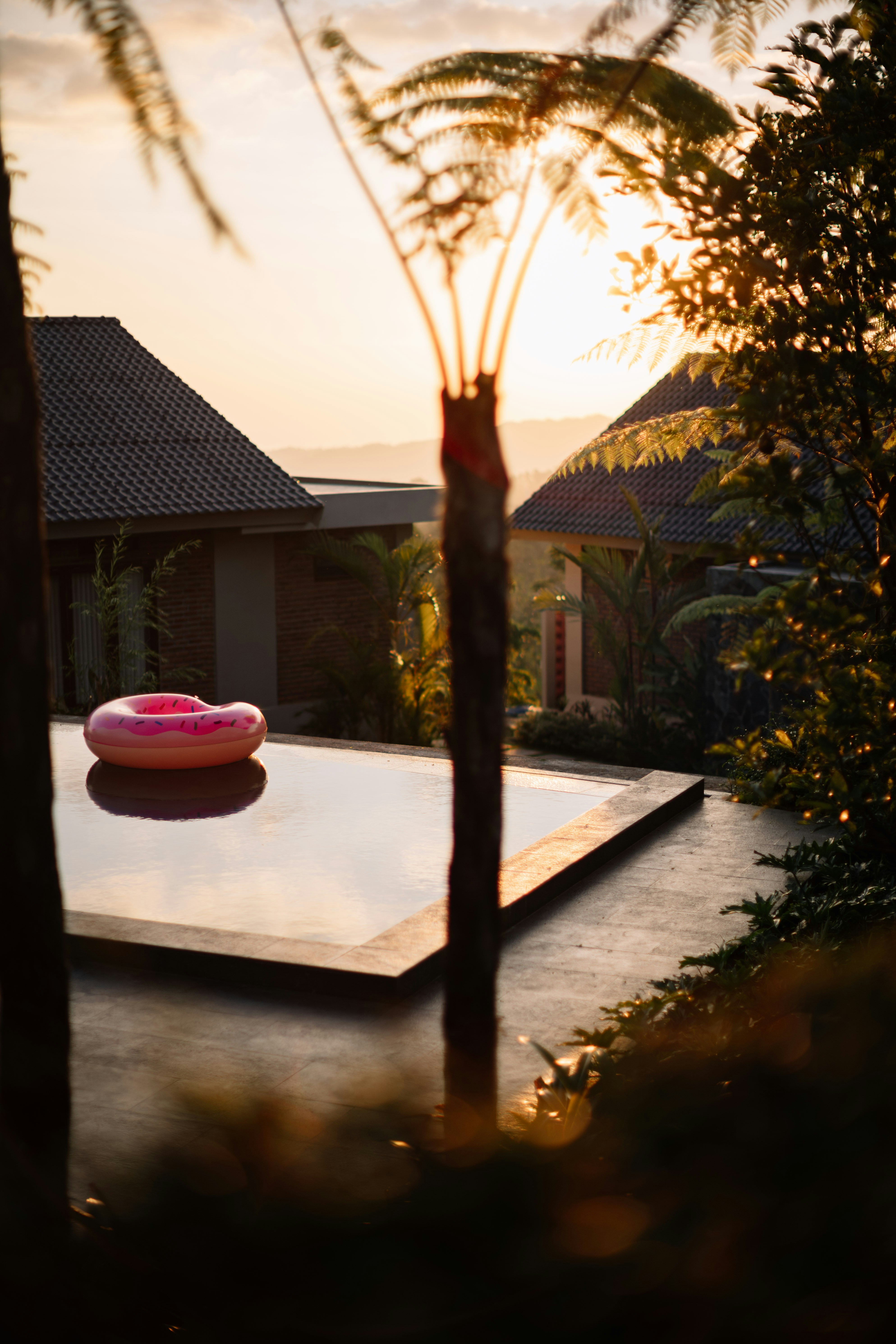 Sunset Poolside Oasis with Floating Ring