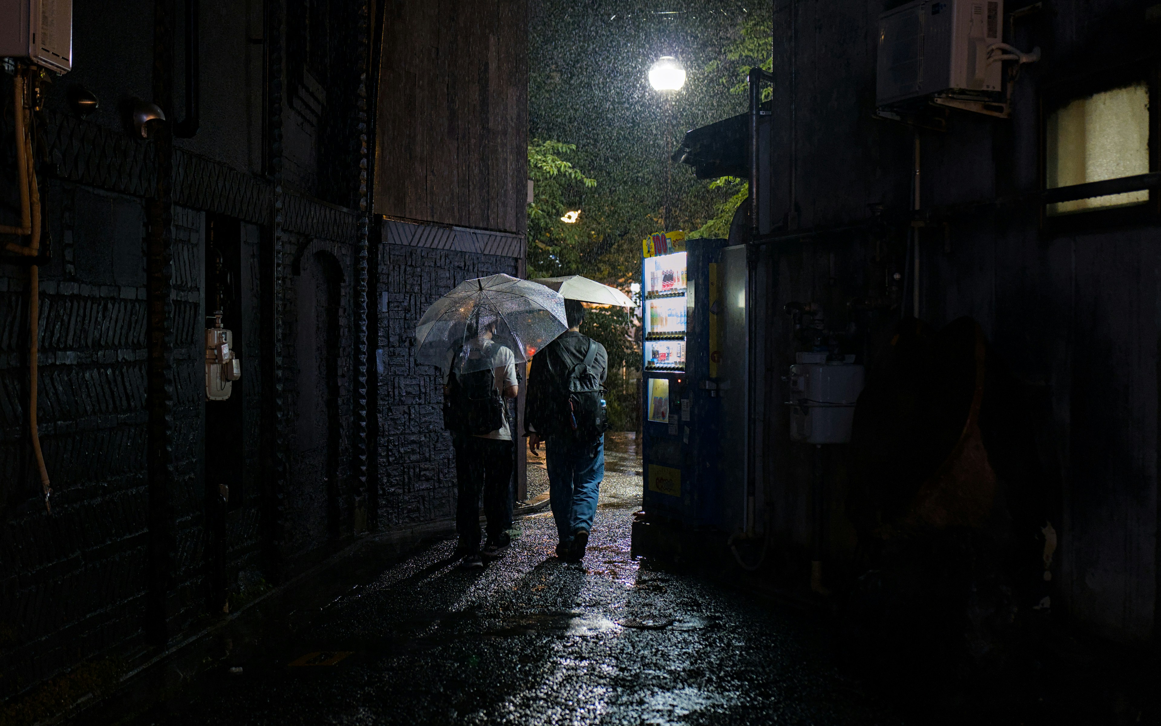 Rainy Alley Pulse: Umbrellas Under Neon Night