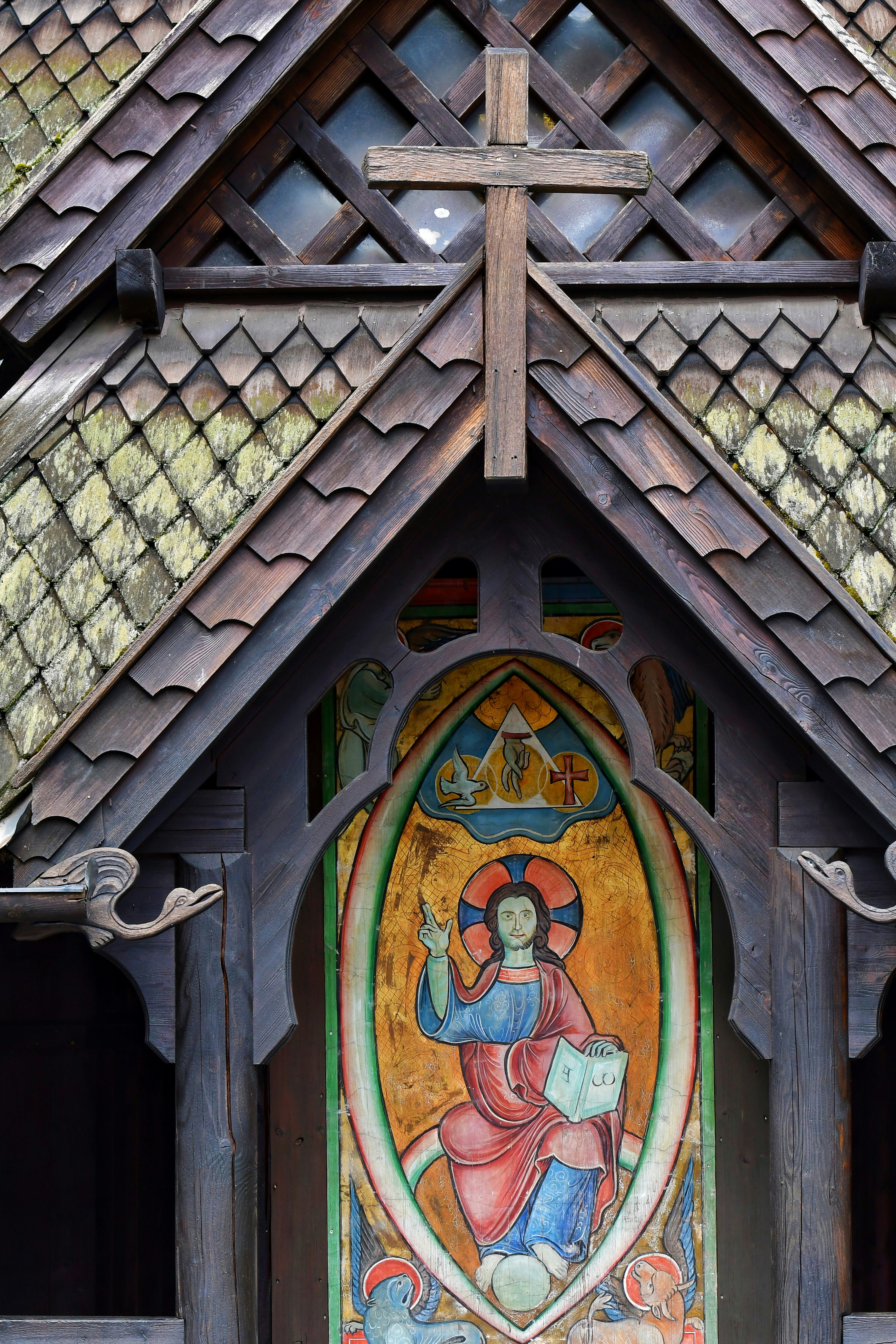 Stained Glass Within a Wooden Chapel Gable