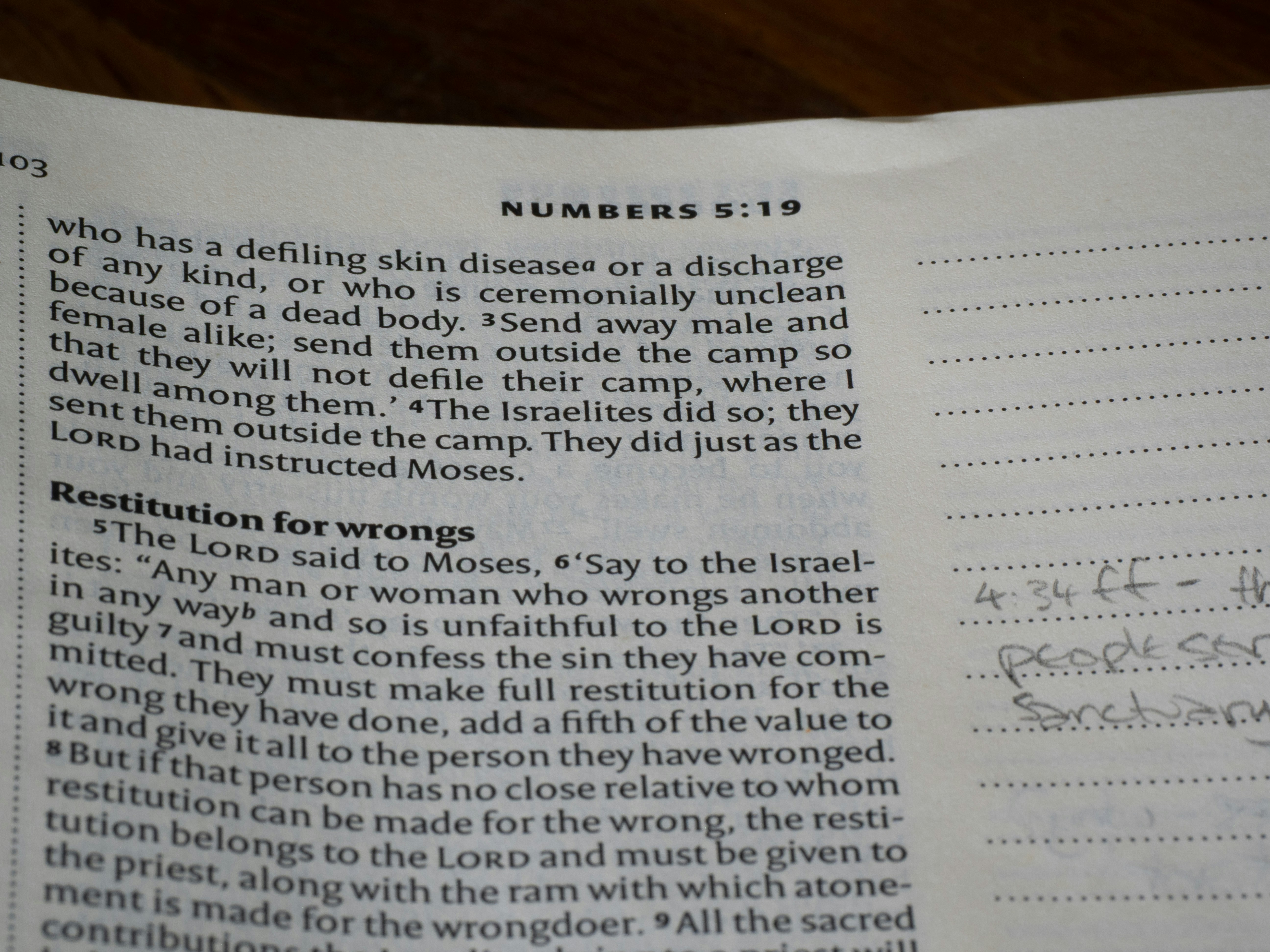 Weathered page, inked margins, and marginal notes in a well-worn Bible