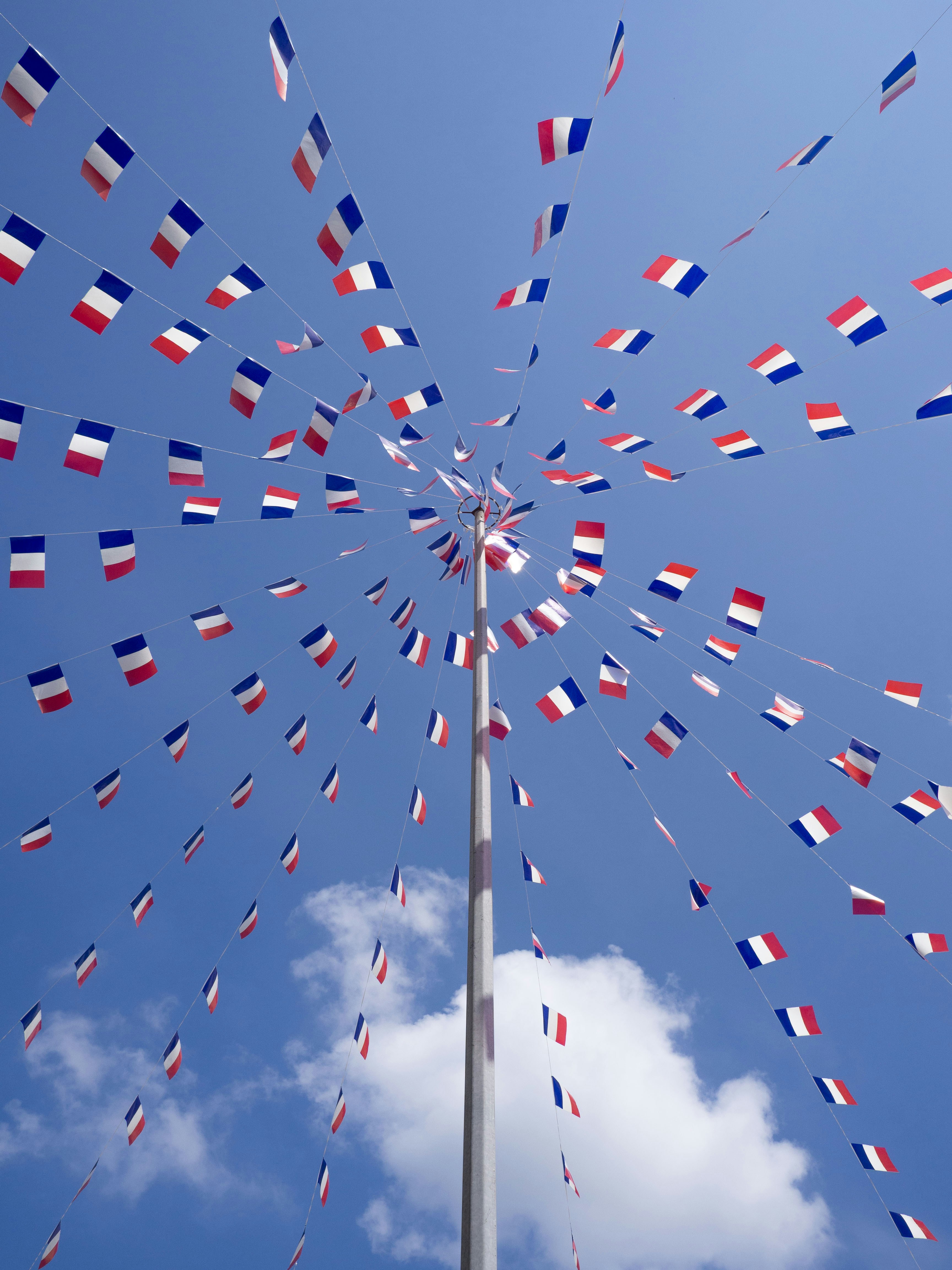 Pole of Flags: A Skyward Dance of Red, White, and Blue