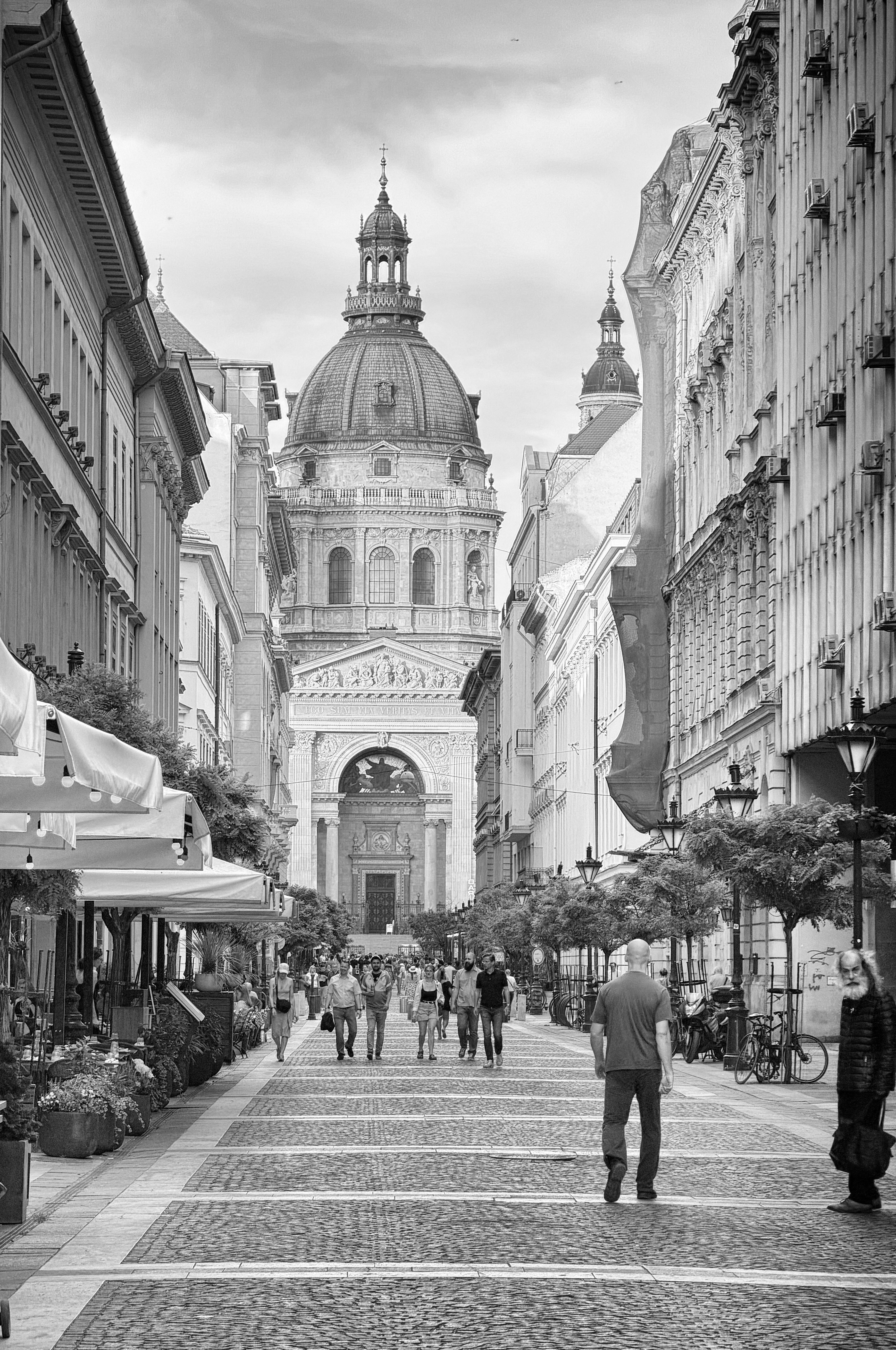 Streetscape Toward a Grand Dome: Pedestrians and Prague’s Cathedral in Monochrome