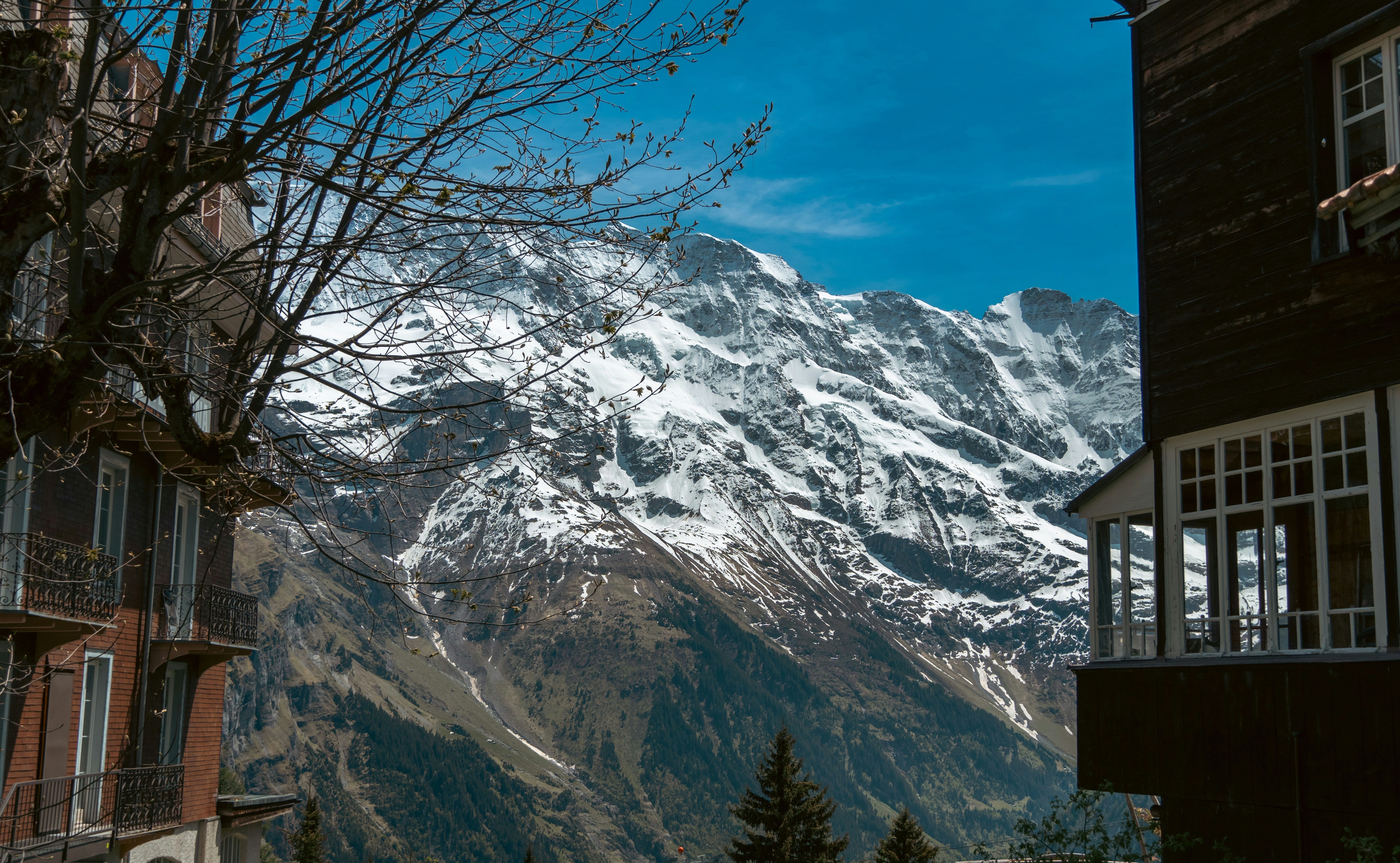 Snow-capped peaks framed between rustic chalets under a blue sky