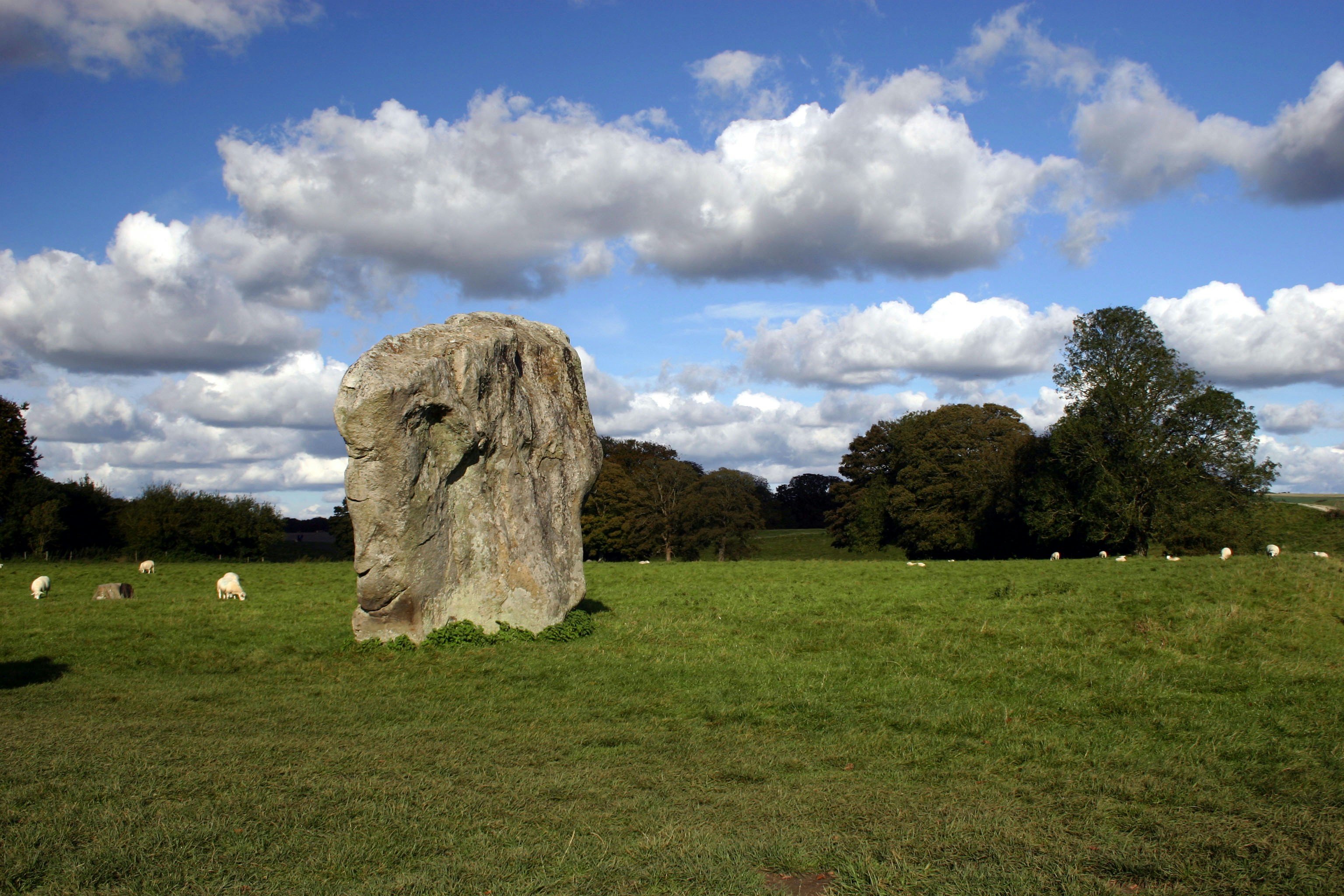 Ancient standing stone in a field under a cloudy sky.