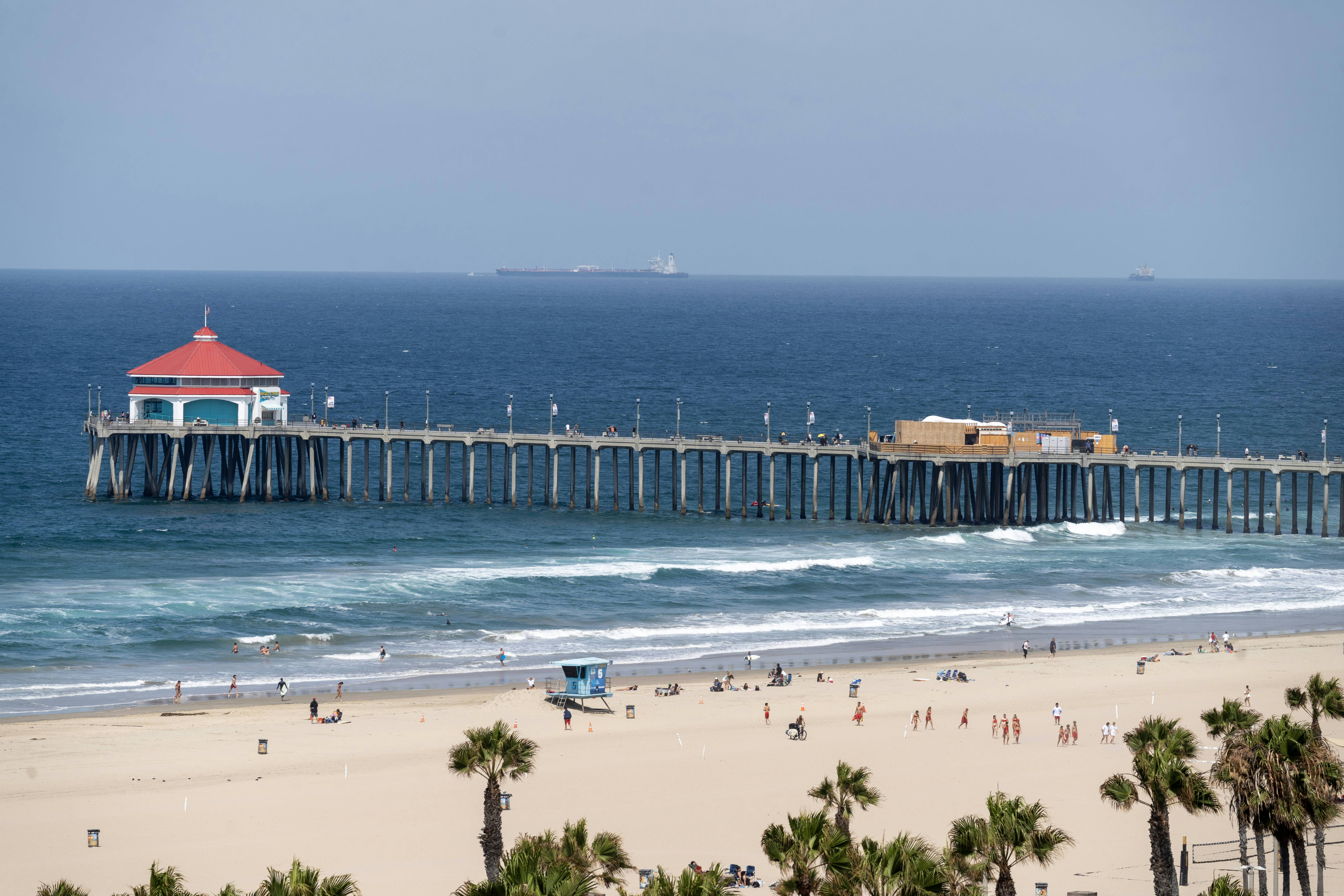 Pier at Dusk: A Palm-Sheltered Beach Beneath a Quiet Horizon