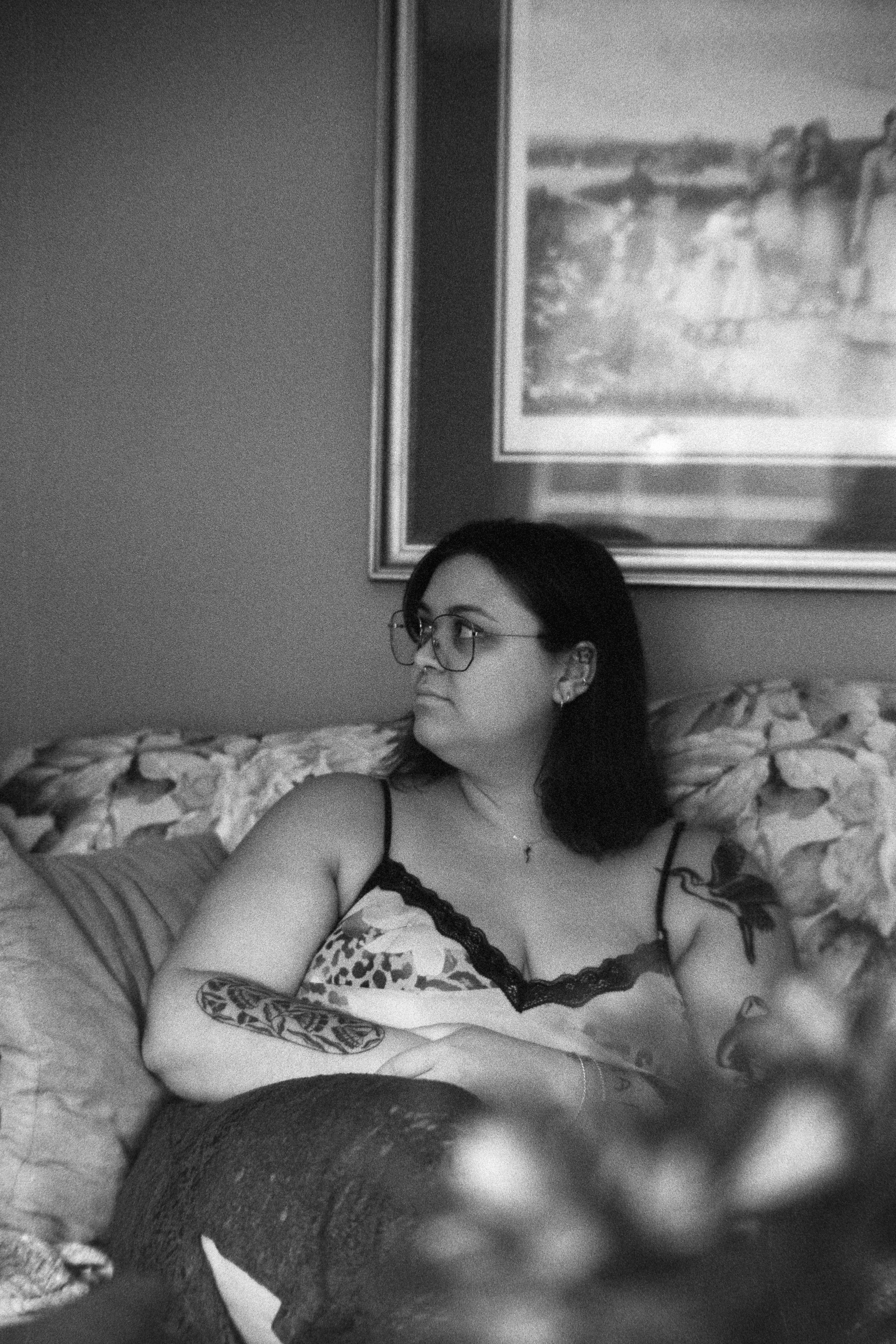 Quiet Contemplation on a Velvet Couch