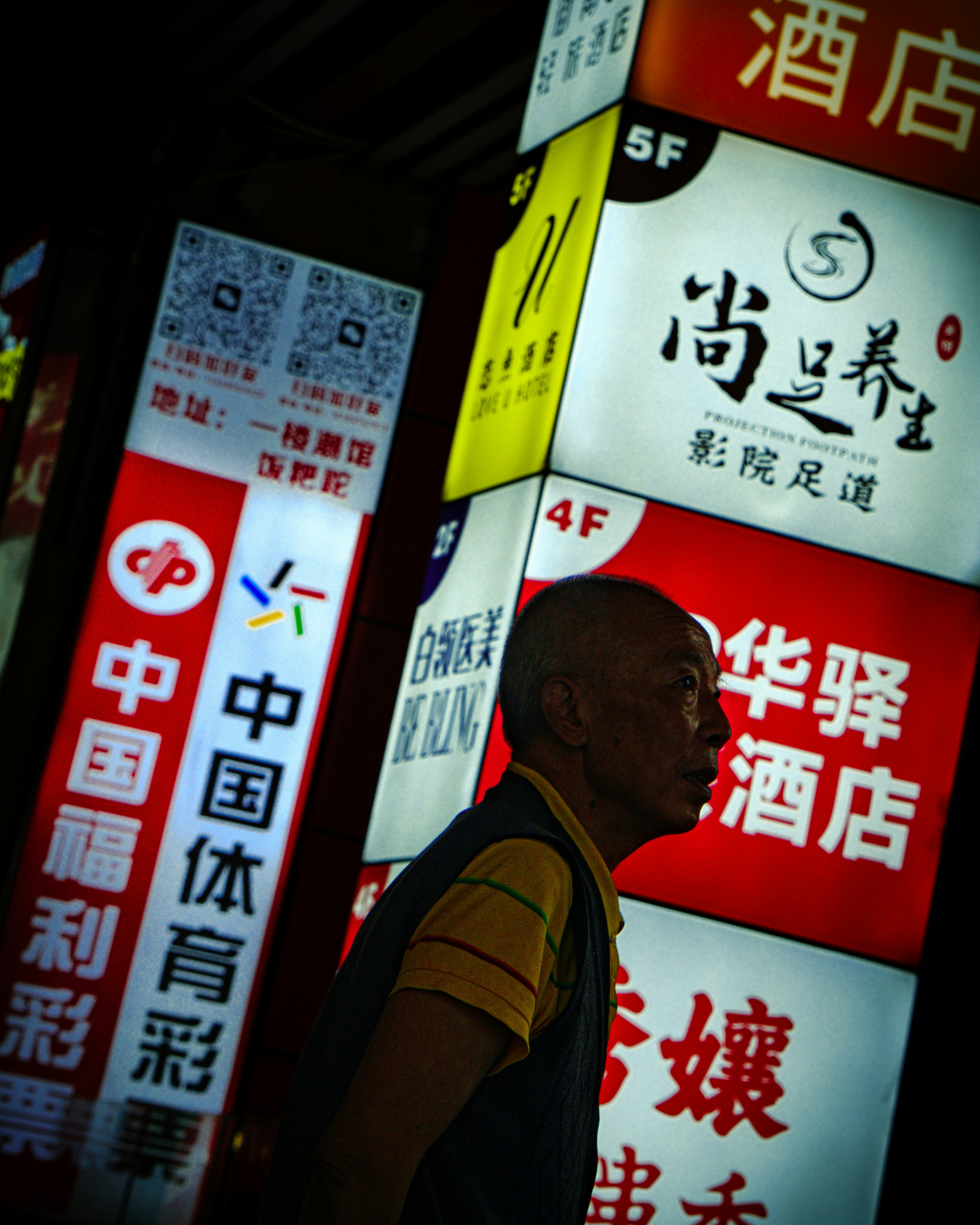 Neon Streets: A passerby Under Floating Signage