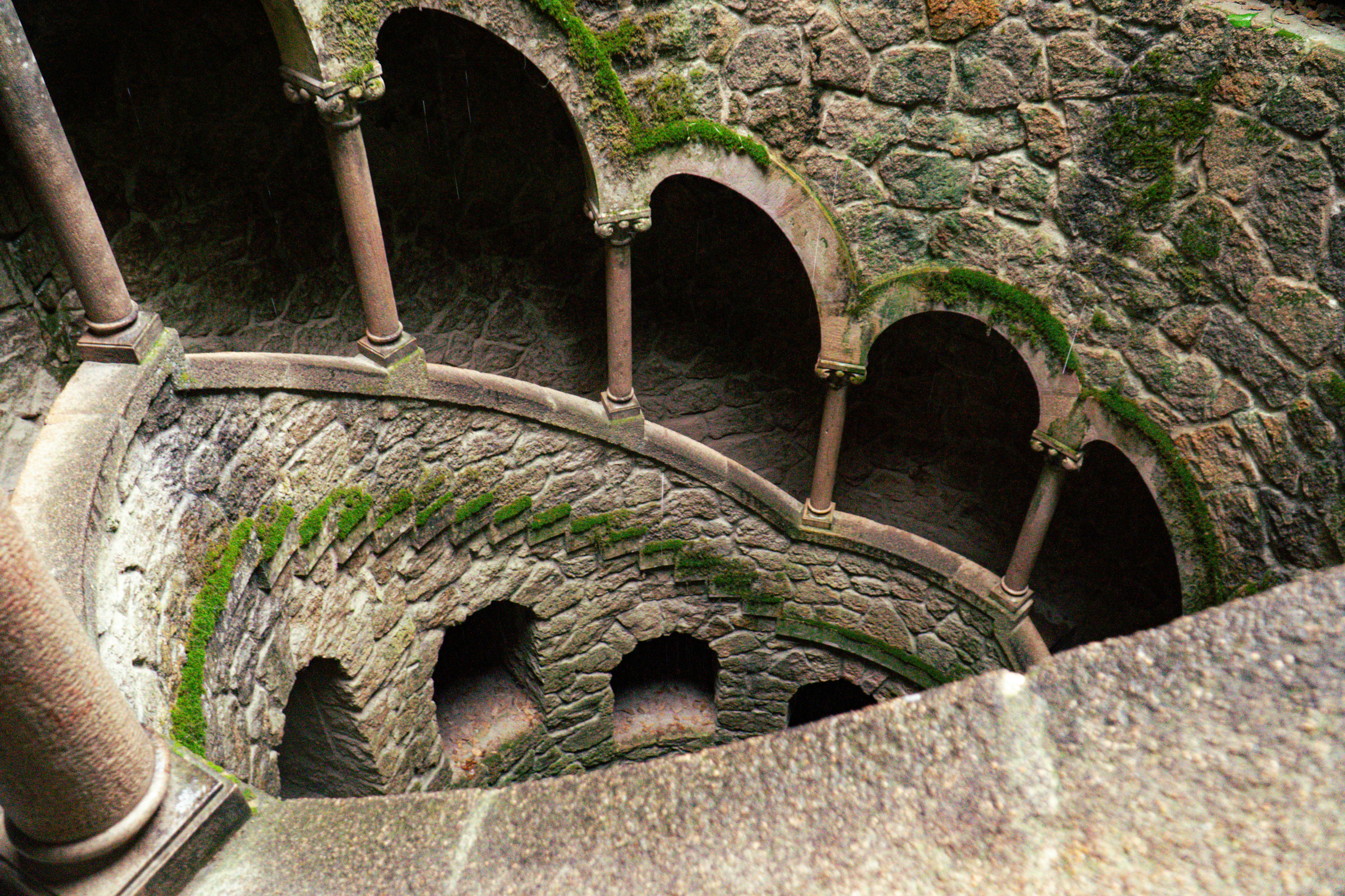Decay in the Circular Cloister: Moss-Cplastered Steps and Arched Walkway