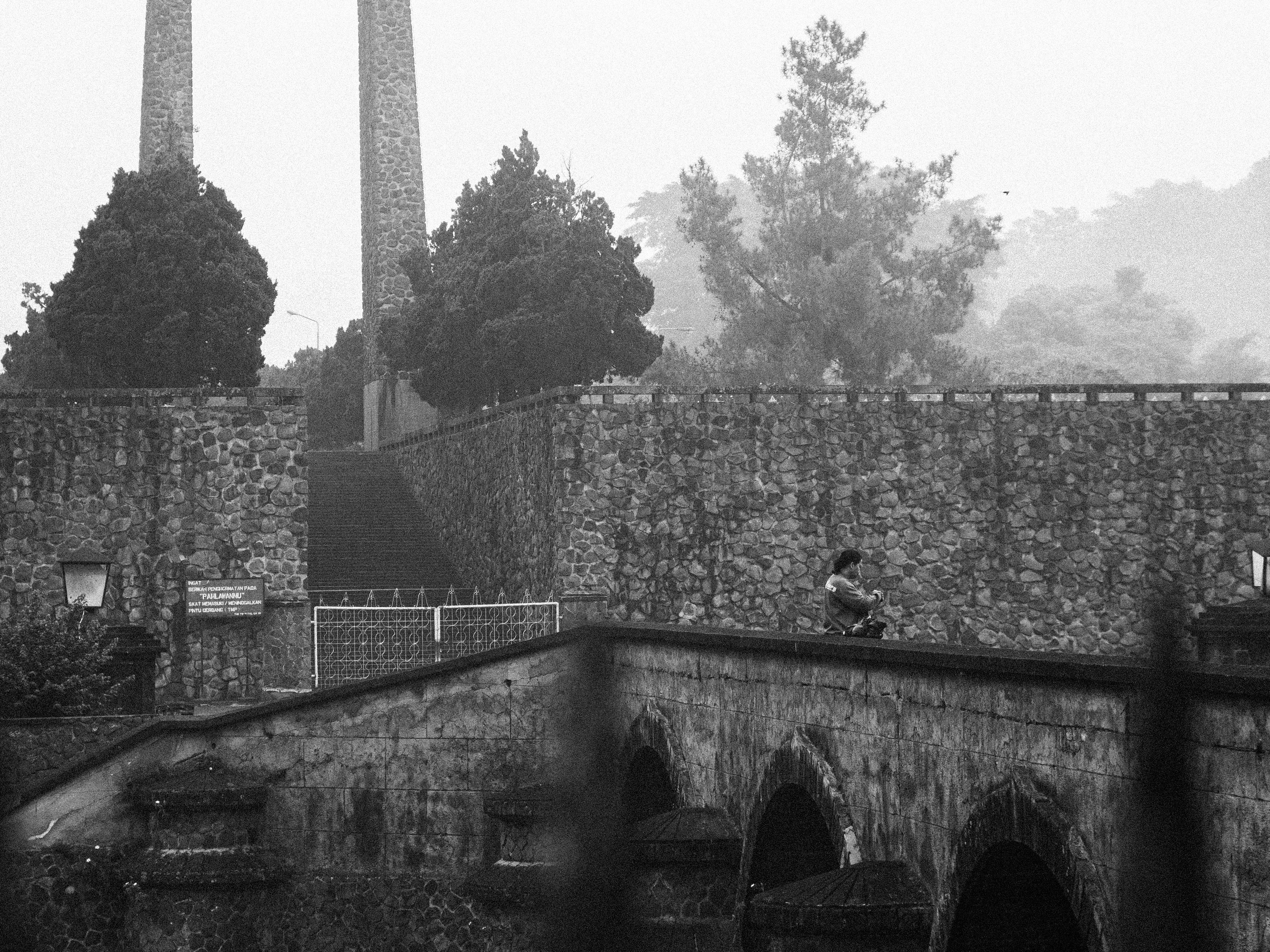 A grayscale scene showing a stone bridge and wall with a solitary figure standing near the railing, creating a lone-walker mood within a textured urban landscape.
