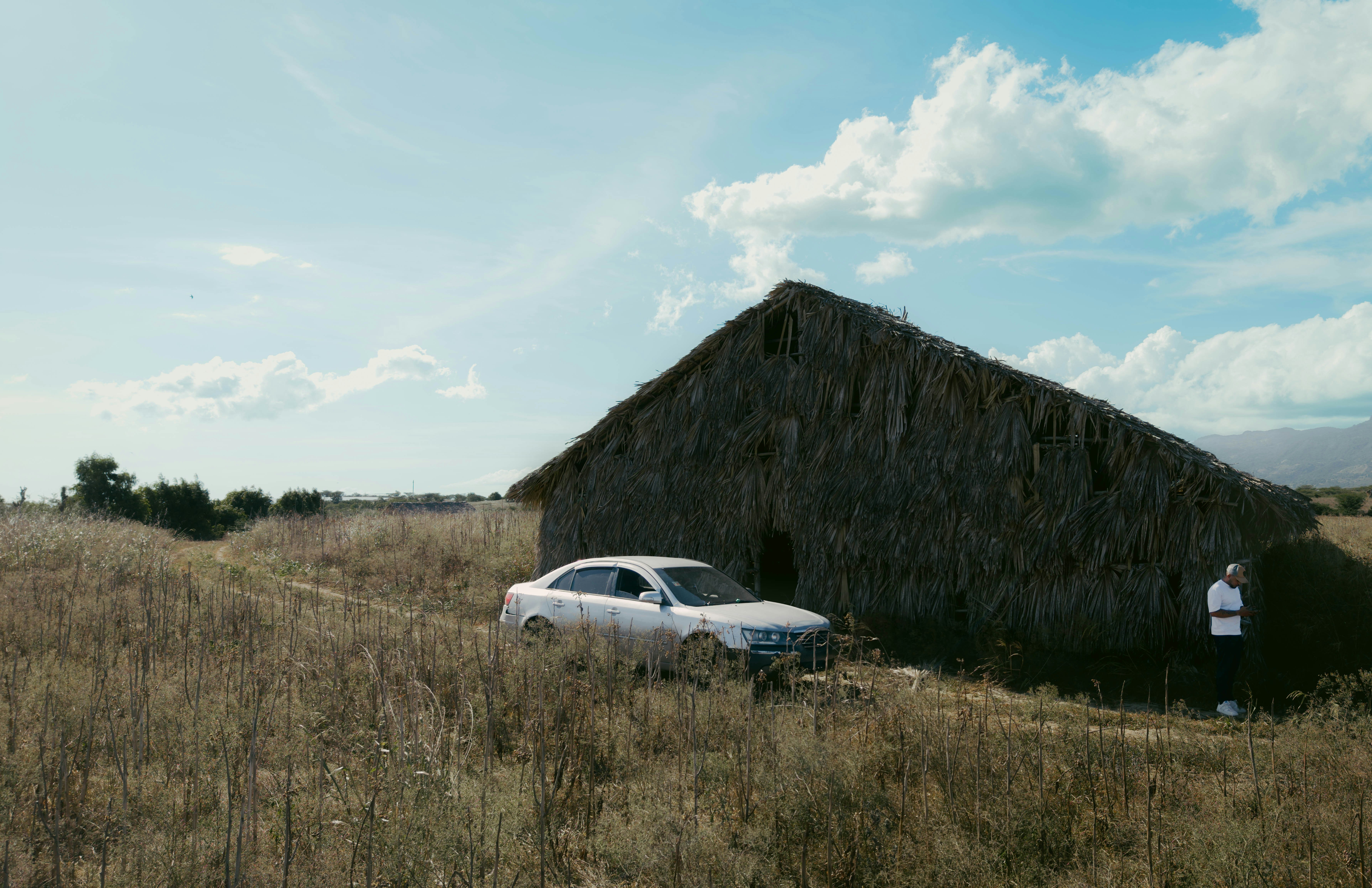 White sedan by a thatched barn in a sunlit field