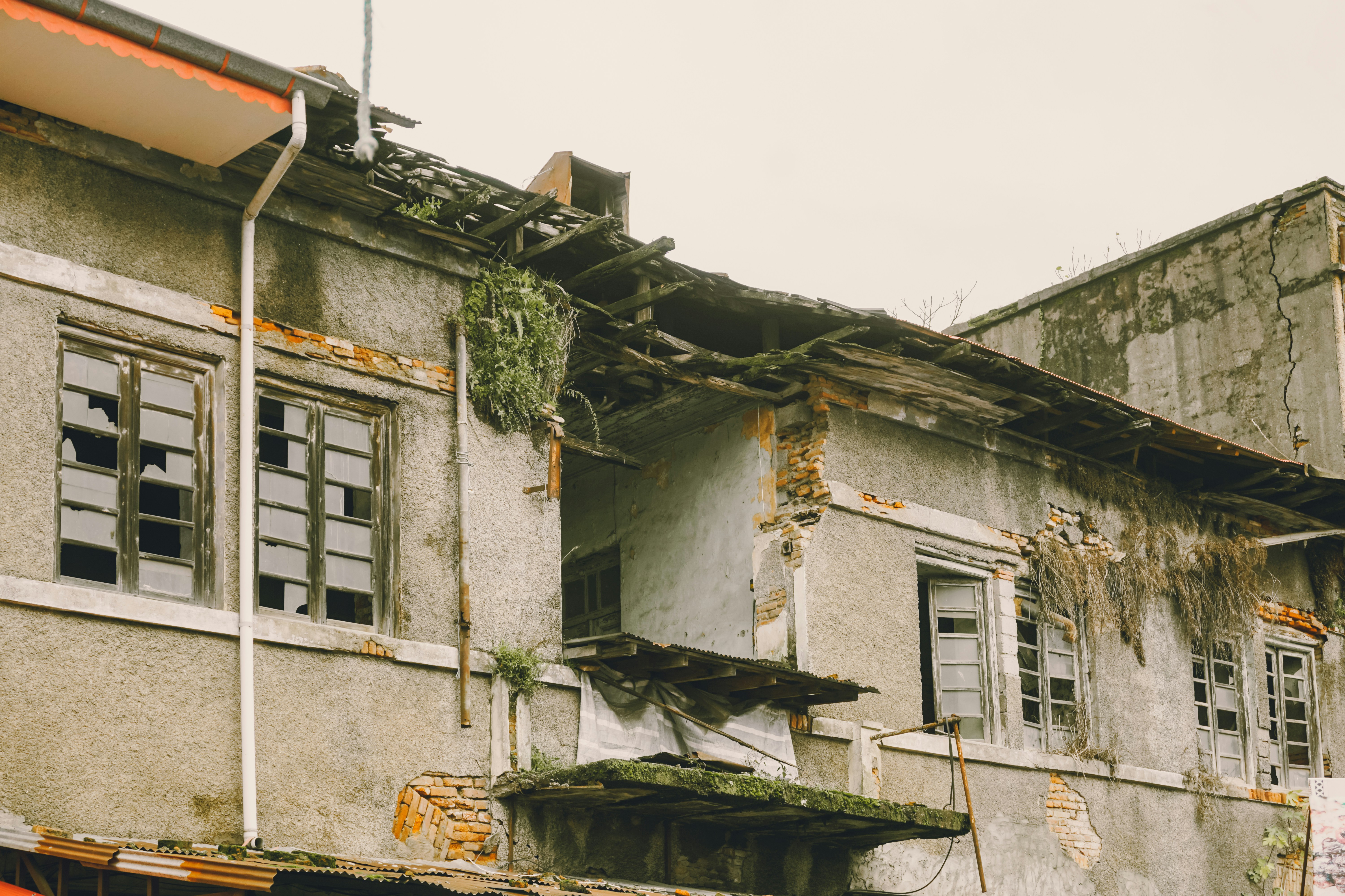 Overgrown Facade: Weathered Concrete and Moss