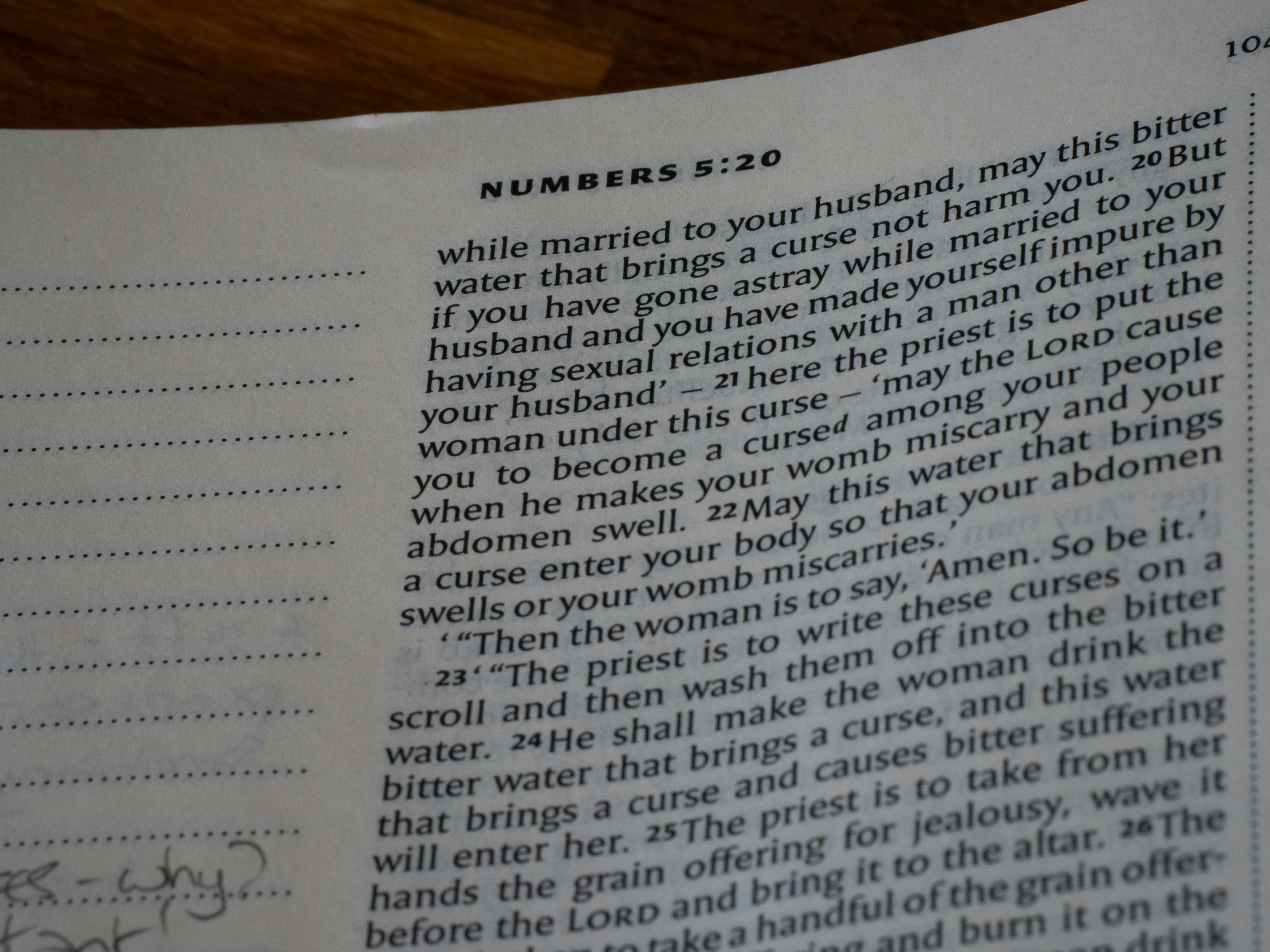 Close-up of a weathered page: Numbers 5:20 from a Bible with soft shadows