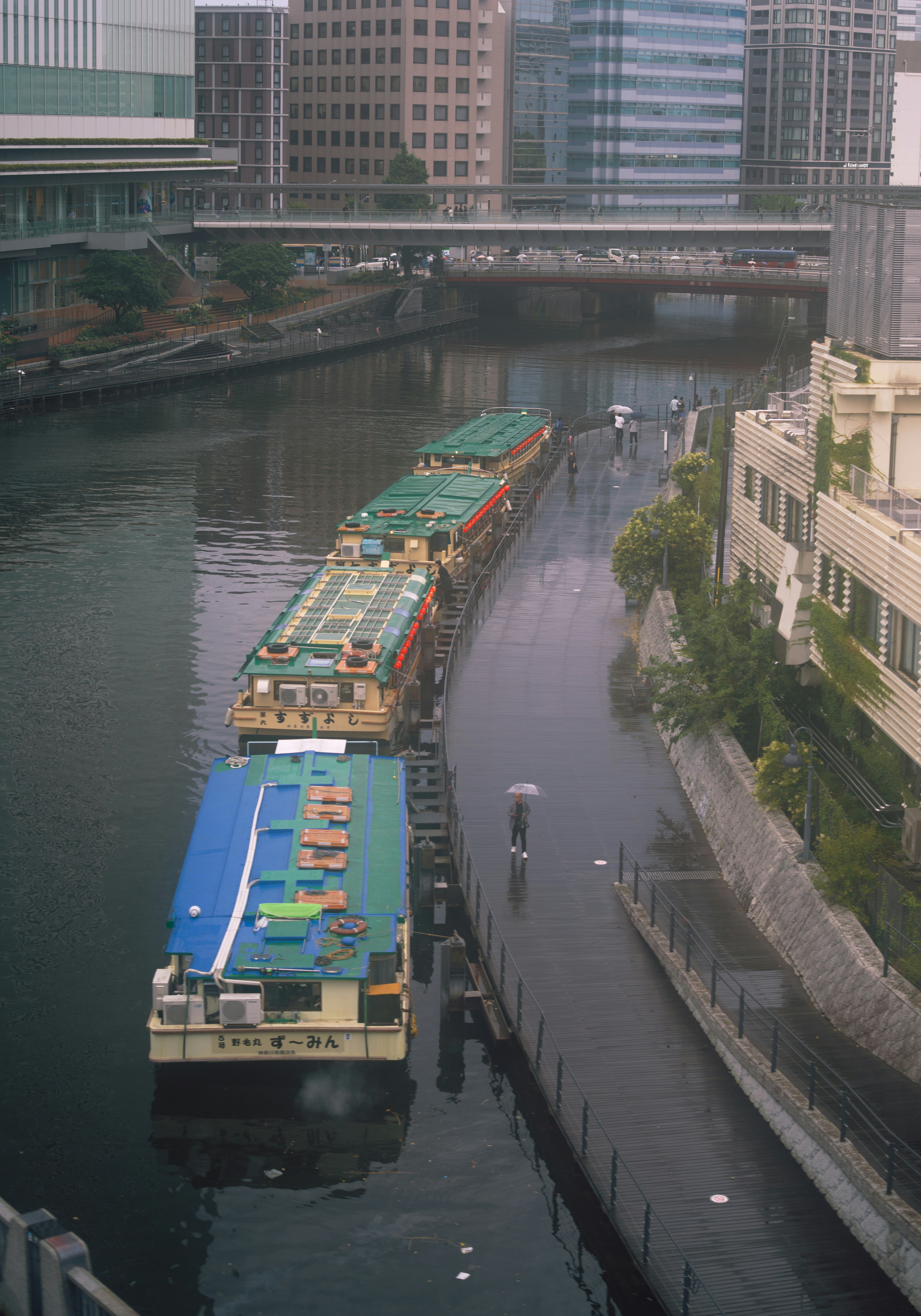 Muted Rainway: Boats and Glass Towers Along a Shaded Canal