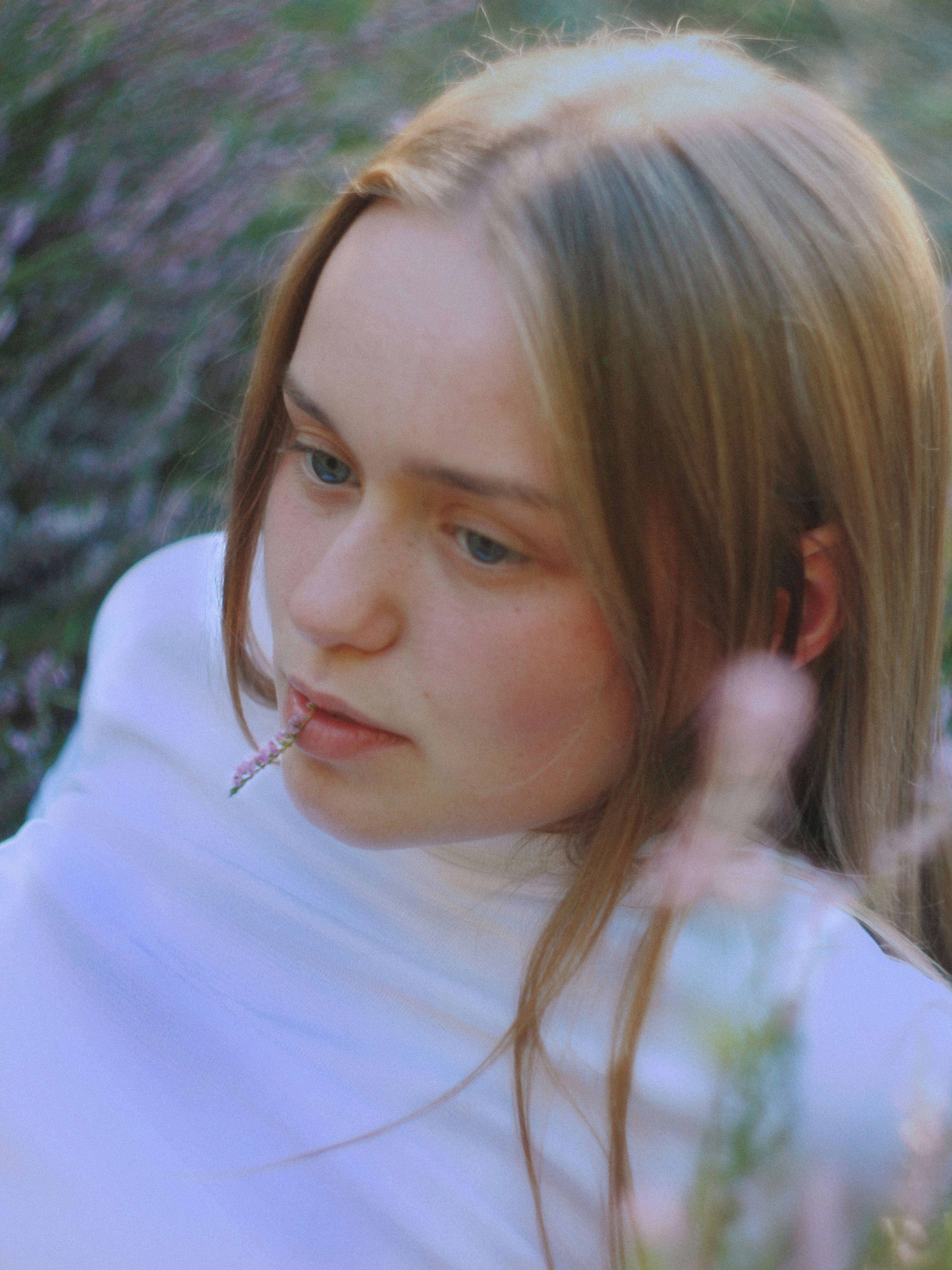 Soft Portrait in Bloom: A Gentle Moment with Lavender Haze