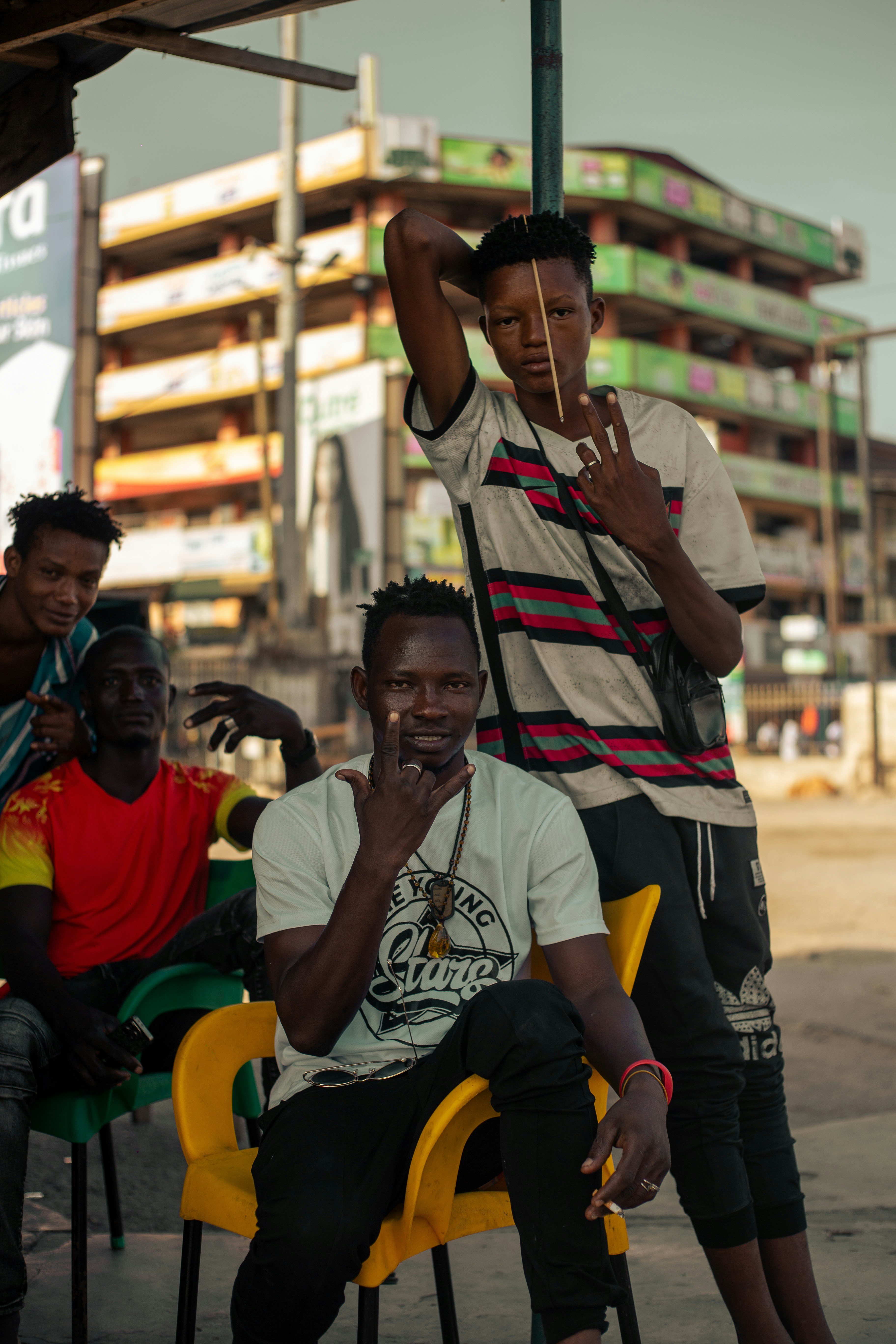 Friends in Front of a Market Backdrop