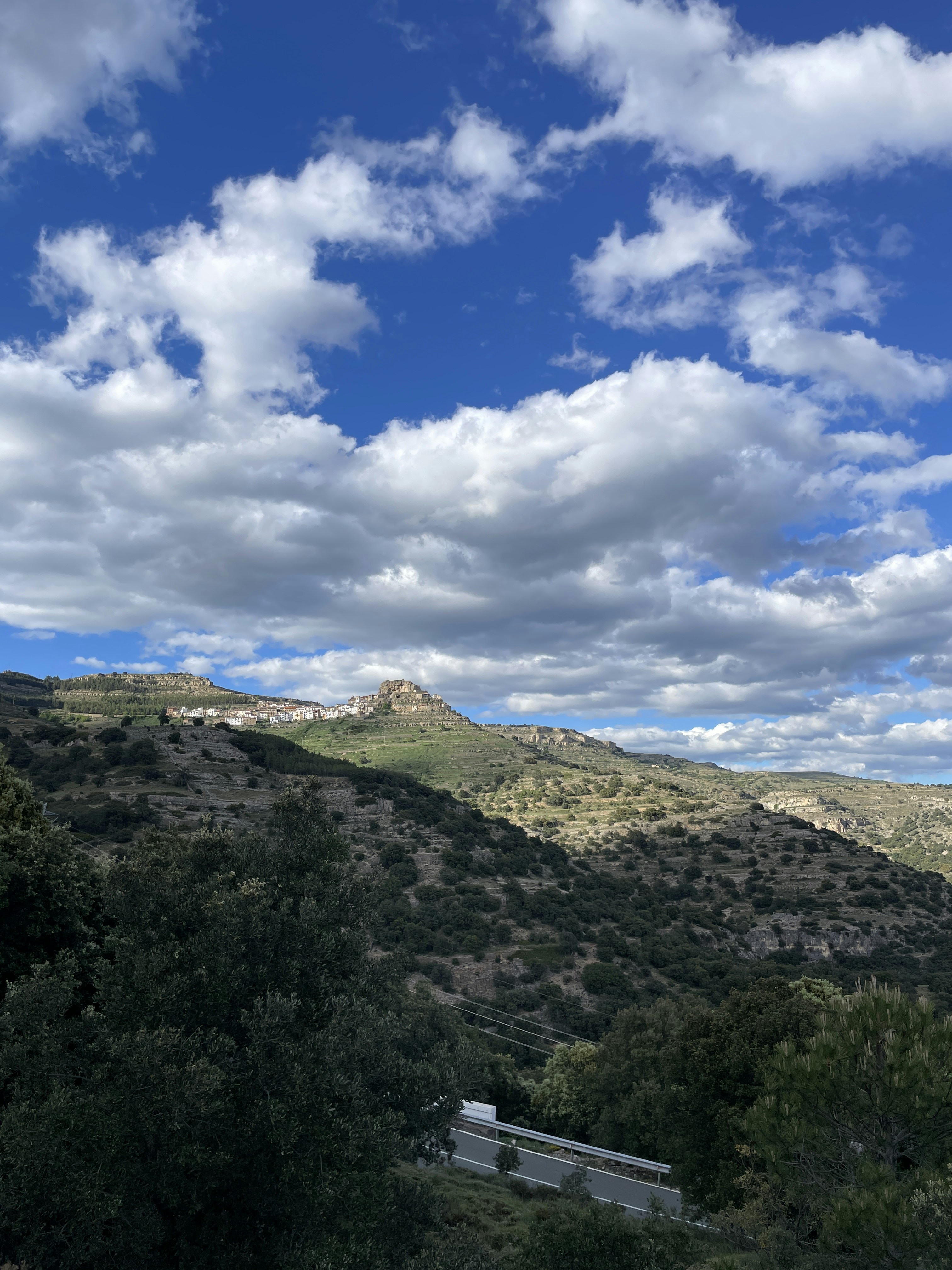 Sunlit ridge under a cloud-dappled sky