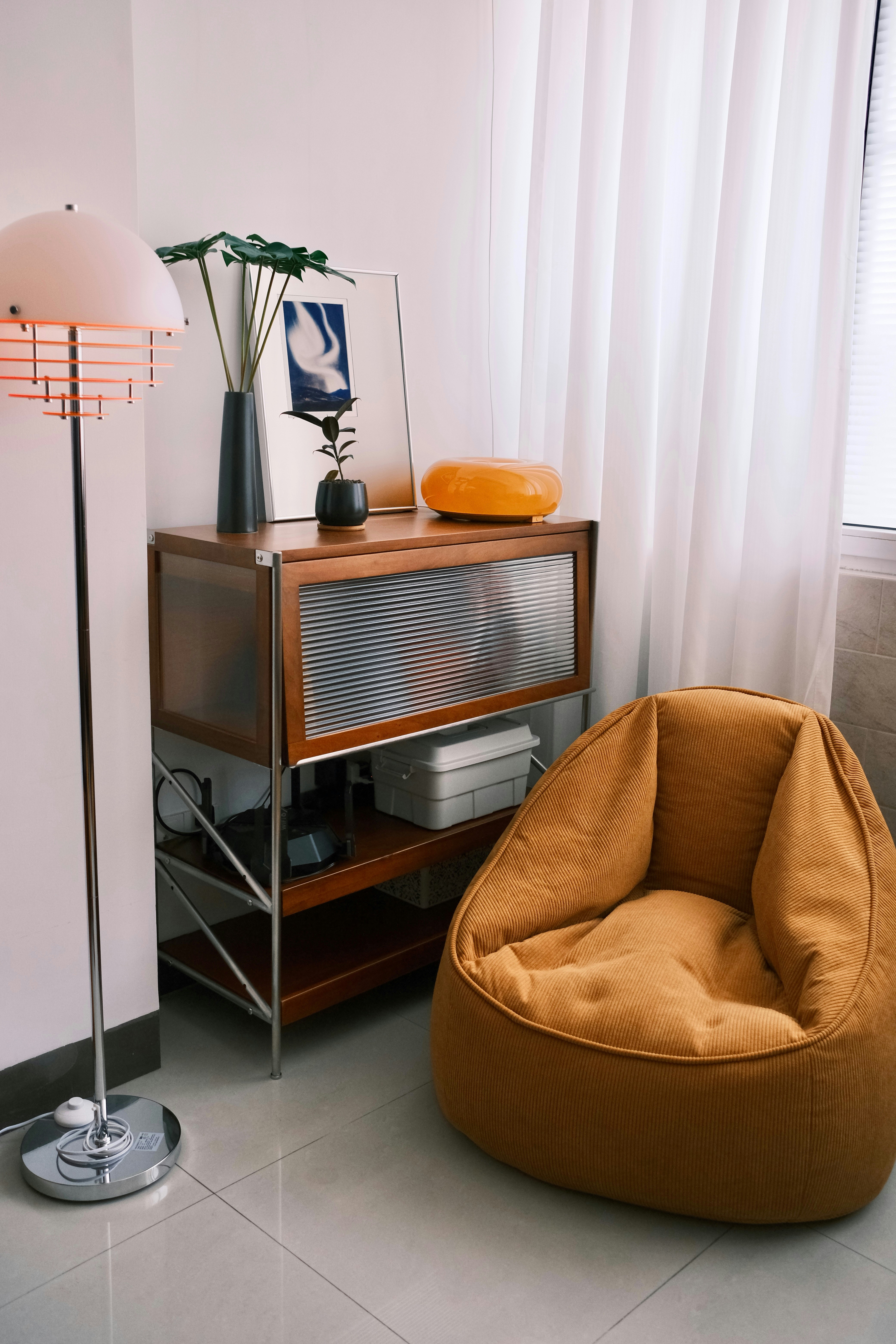 Midcentury Console and Cozy Bean Bag in Soft Natural Light