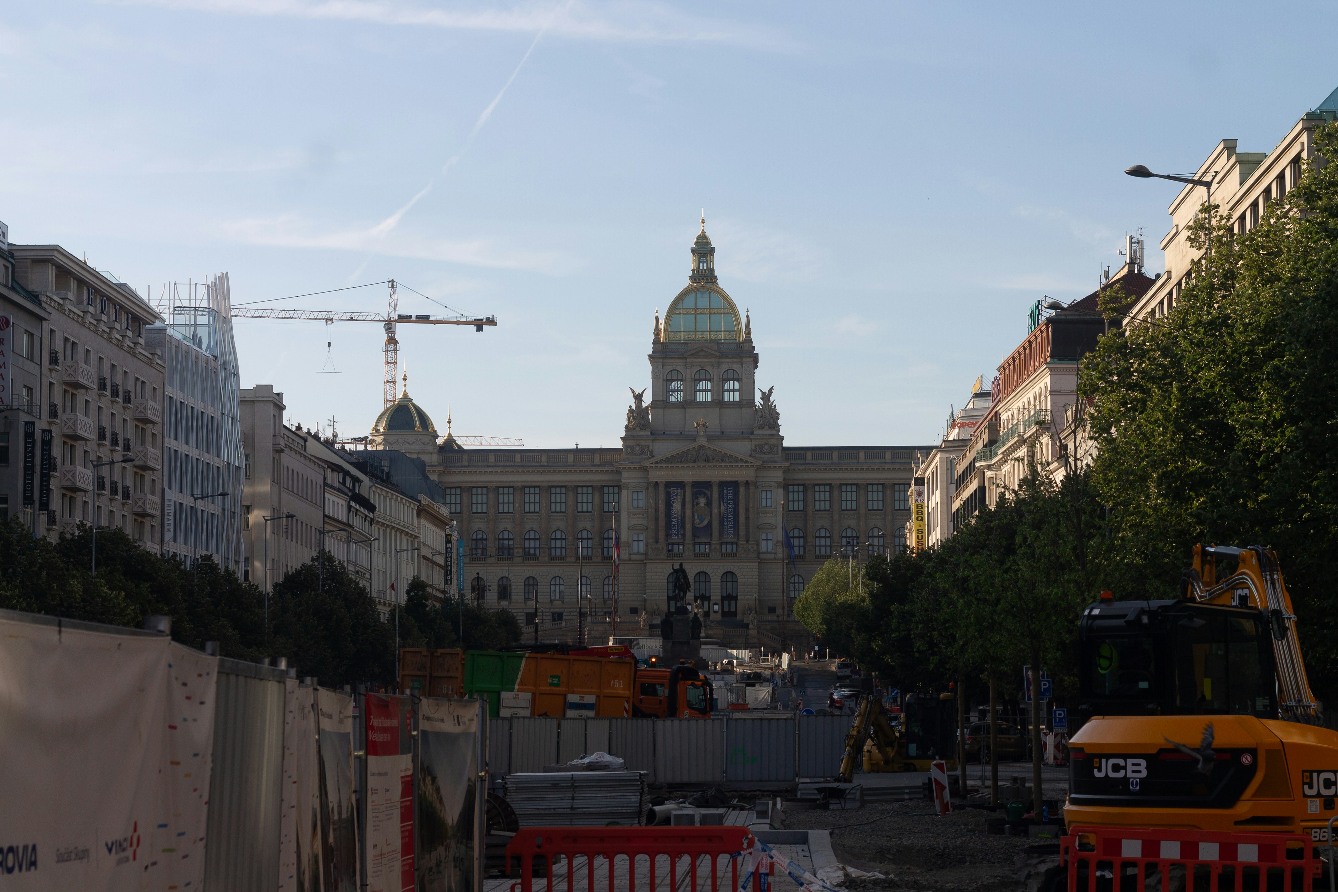 City Hall Ramp: construction fencing leading to grand facade