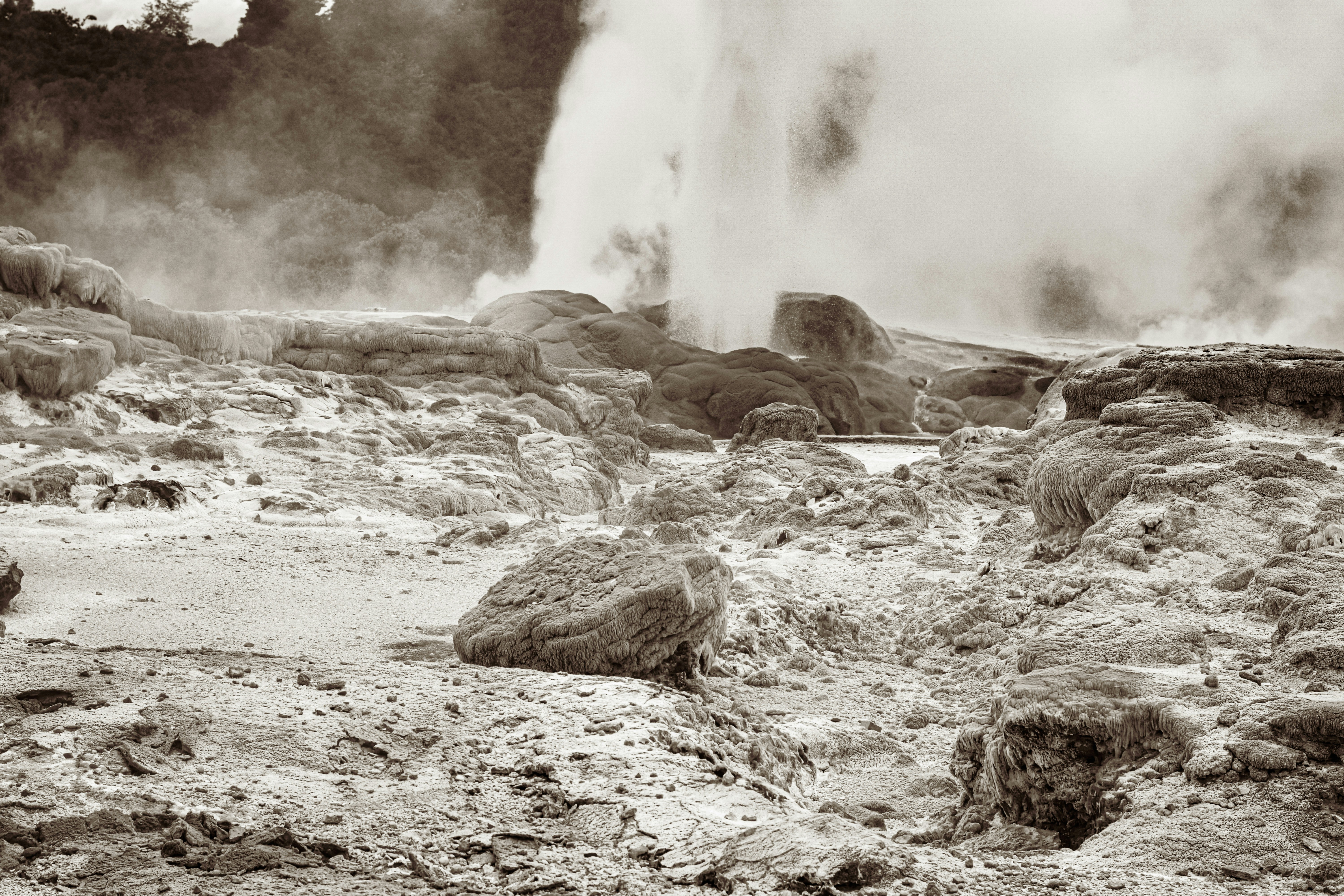 Steam Veil Over Weathered Terraces