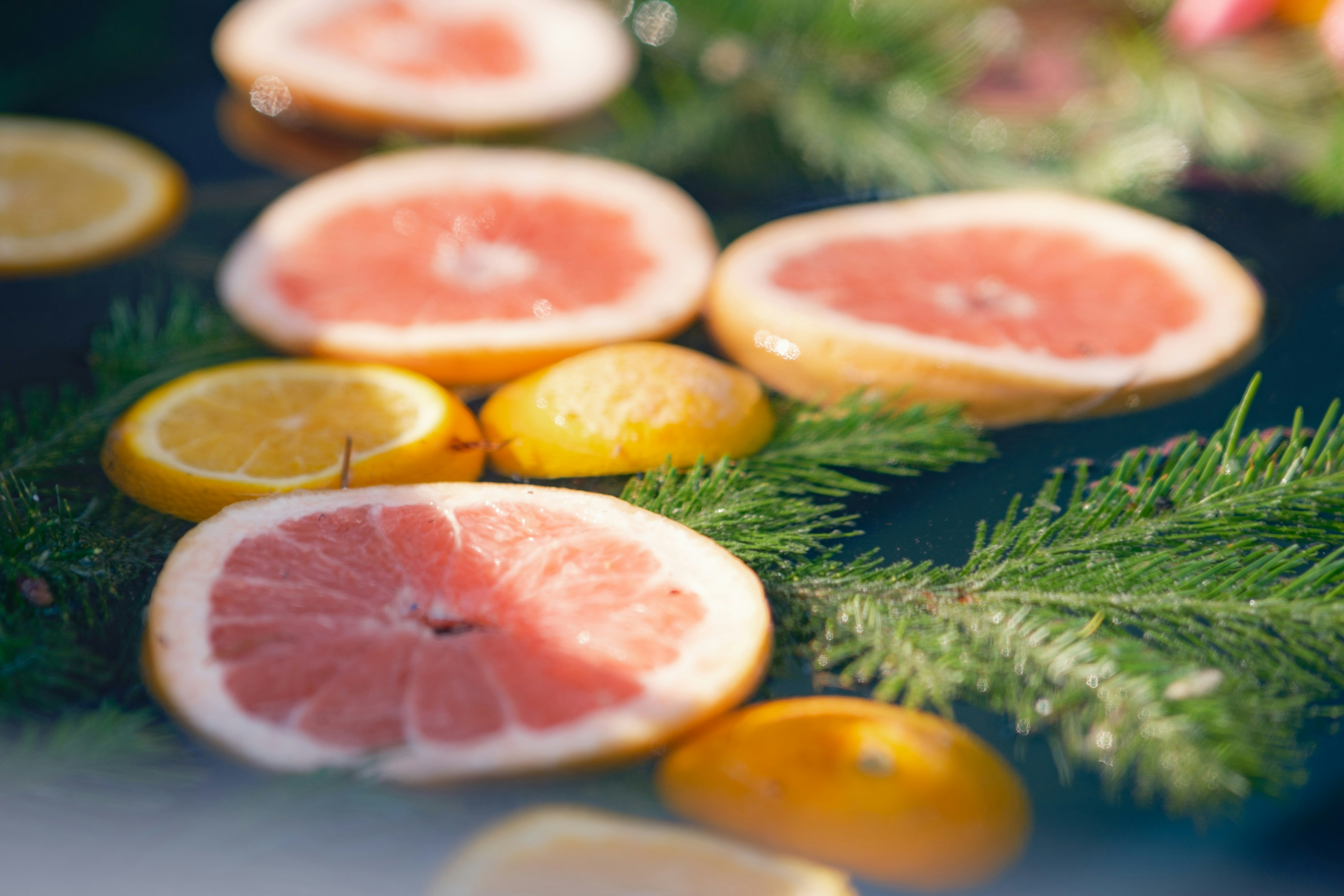 Vibrant grapefruit and orange segments rest on a bed of pine needles and greenery, with a shallow depth of field emphasizing the foreground slice.
