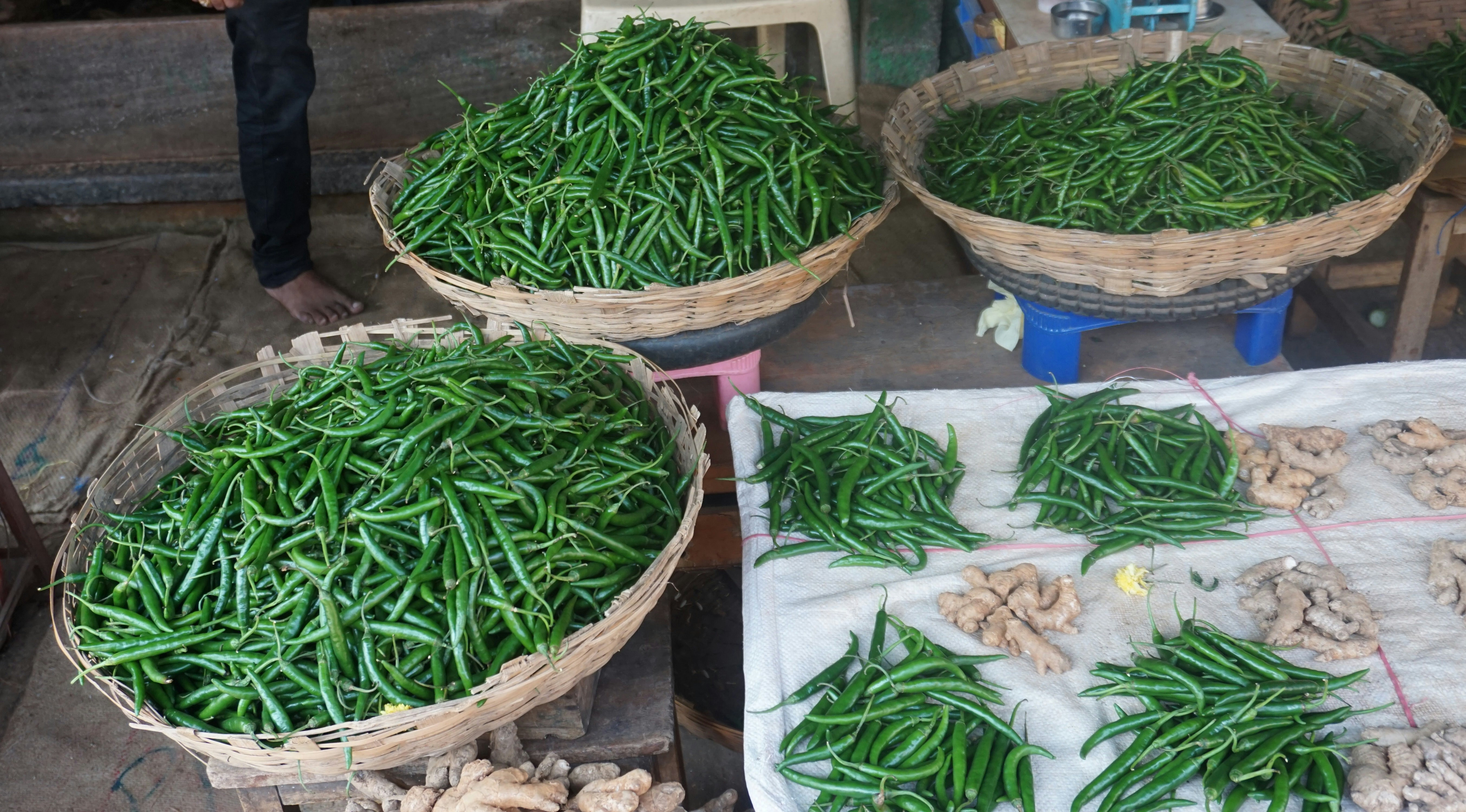 Basketwork of Chili: A Market Display of Fresh Green Chilies
