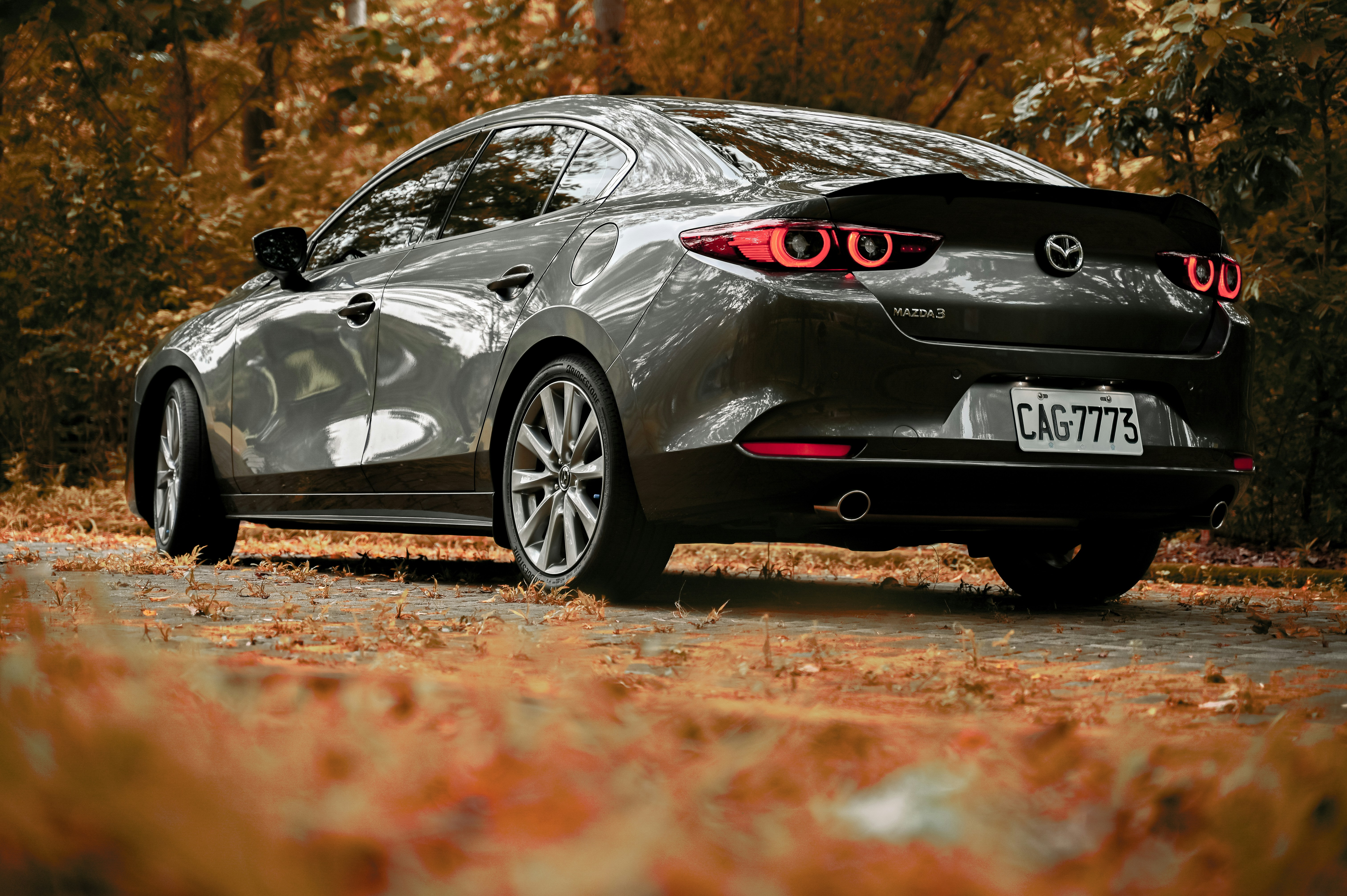 Autumn Ghost: A Mazda sedan resting under amber trees