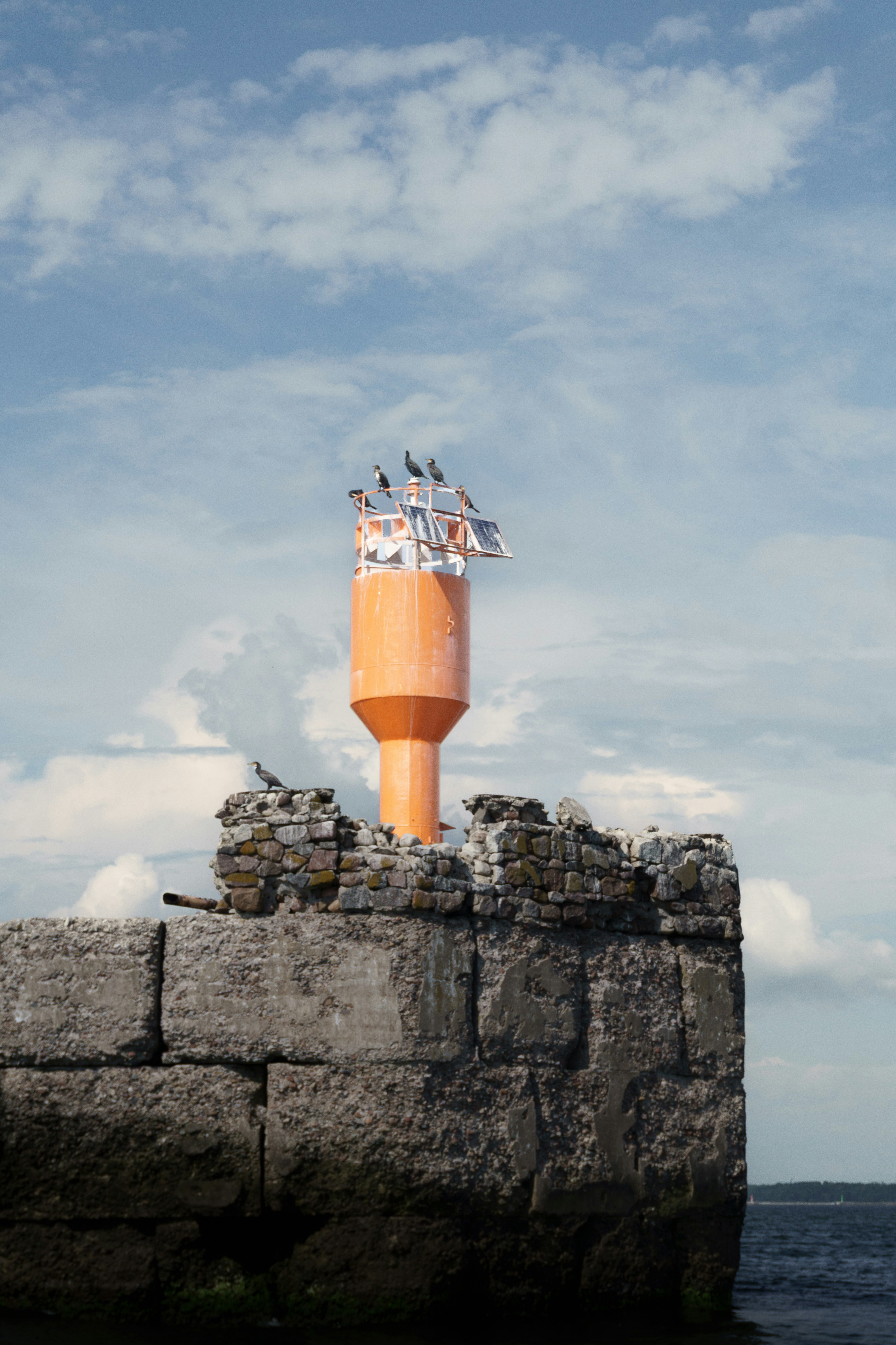 Orange beacon atop weathered breakwater: seabirds on guard