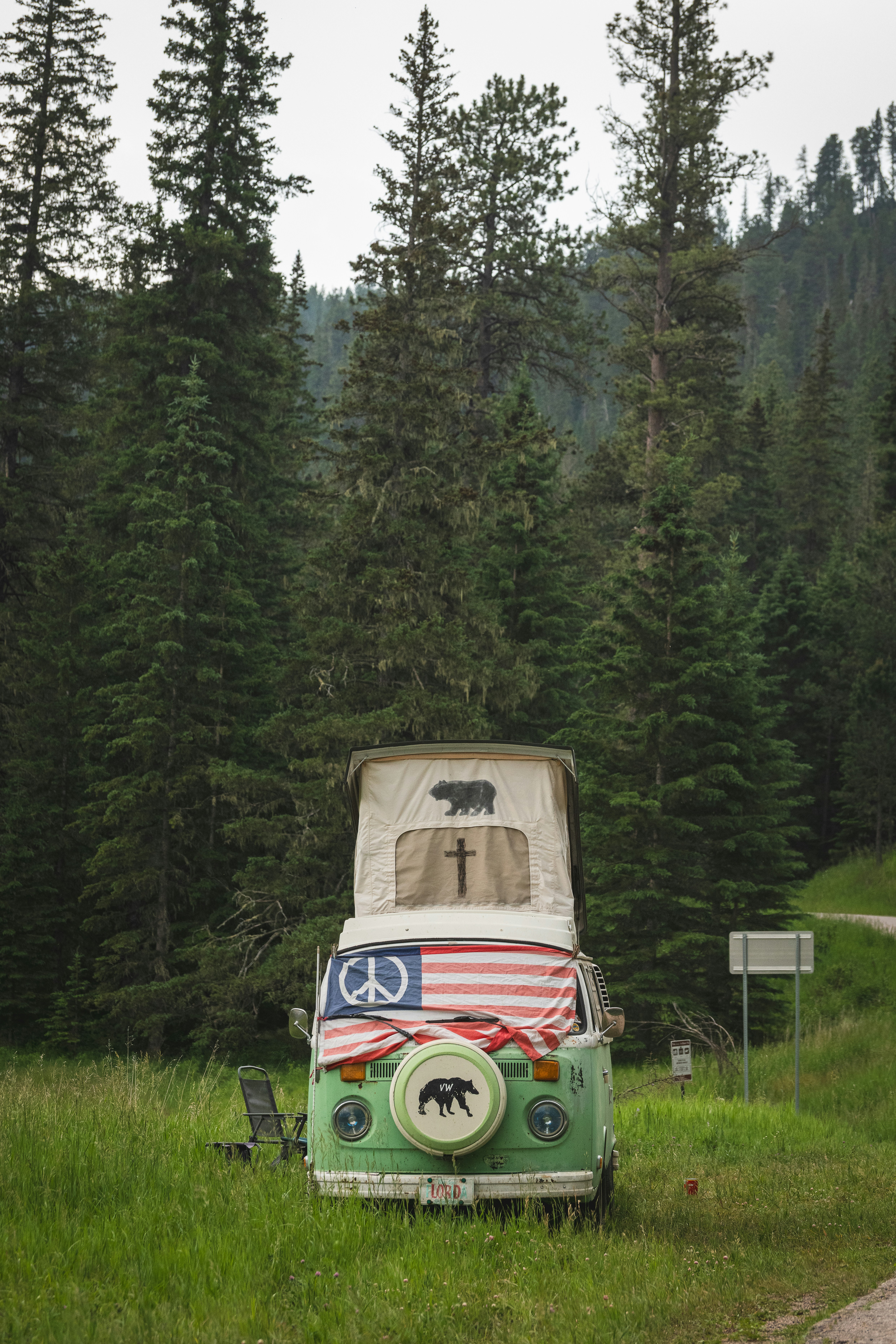 Patriotic Camper Van in a Quiet Conifer Park