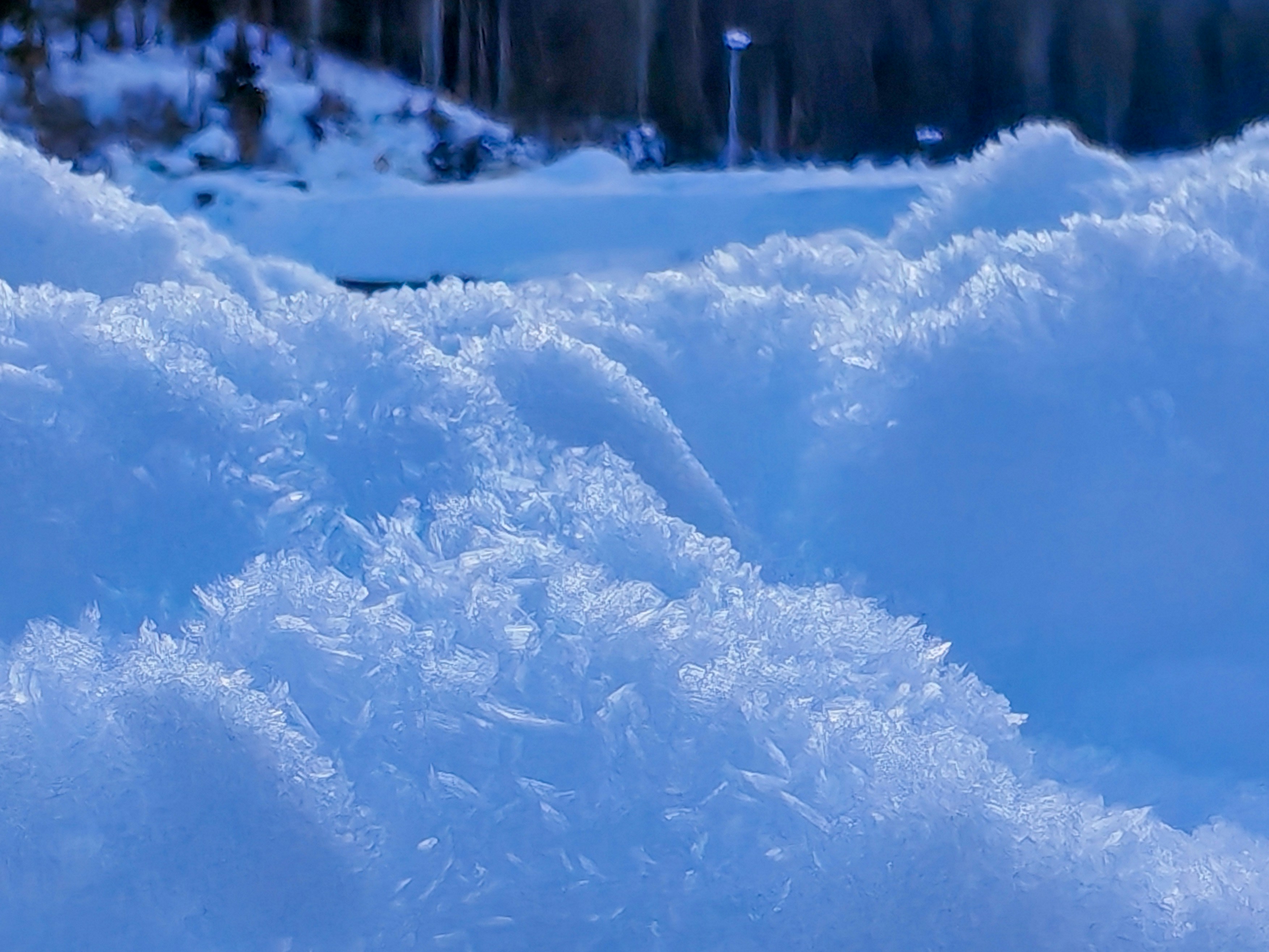 Close-up of sparkling snow crystals in a soft blue winter scene with a distant horizon and trees, highlighting textured surfaces.