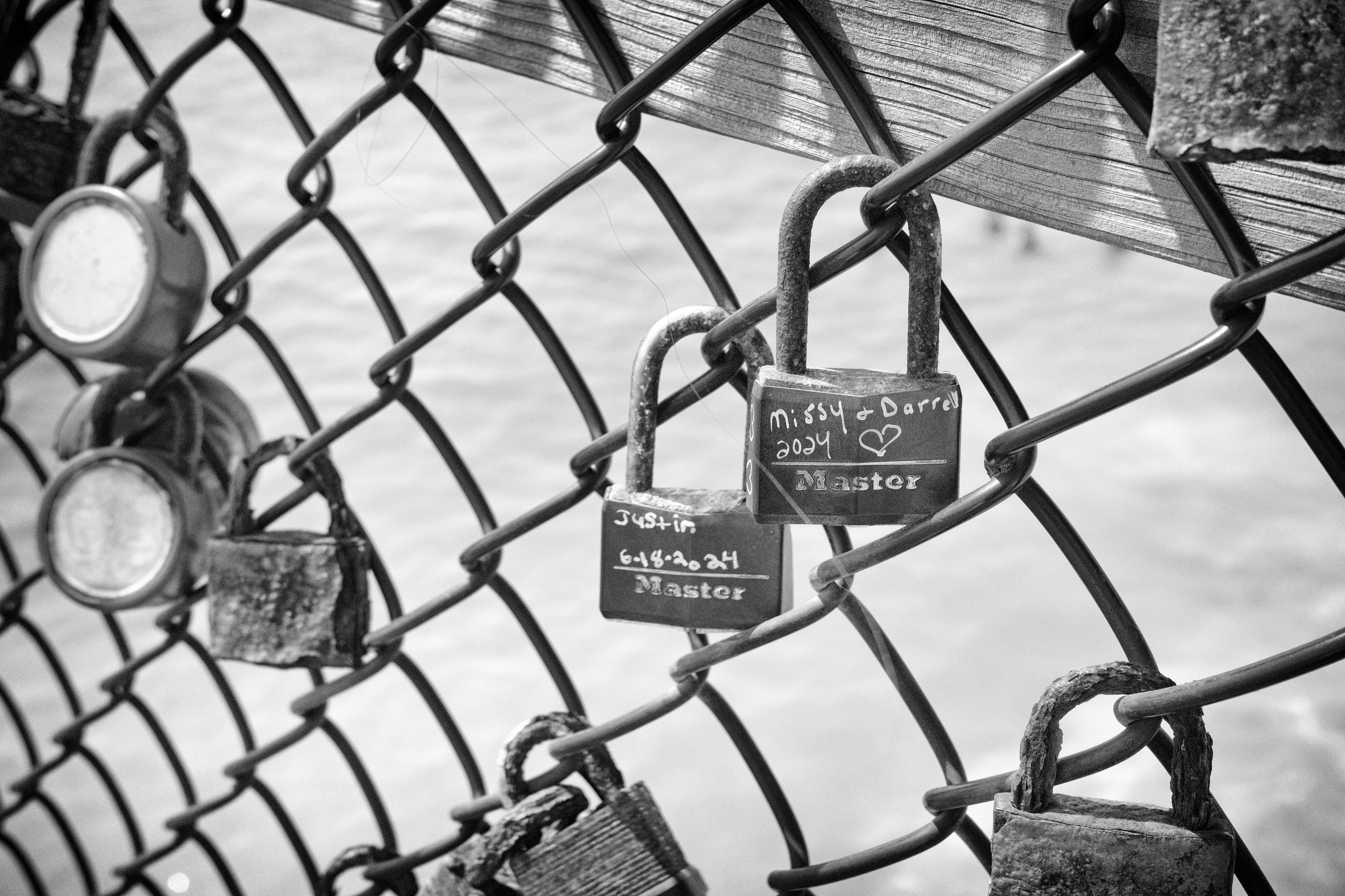 Close-up view of a chain-link fence with multiple padlocks, each bearing handwritten names, set against a blurred waterfront background.