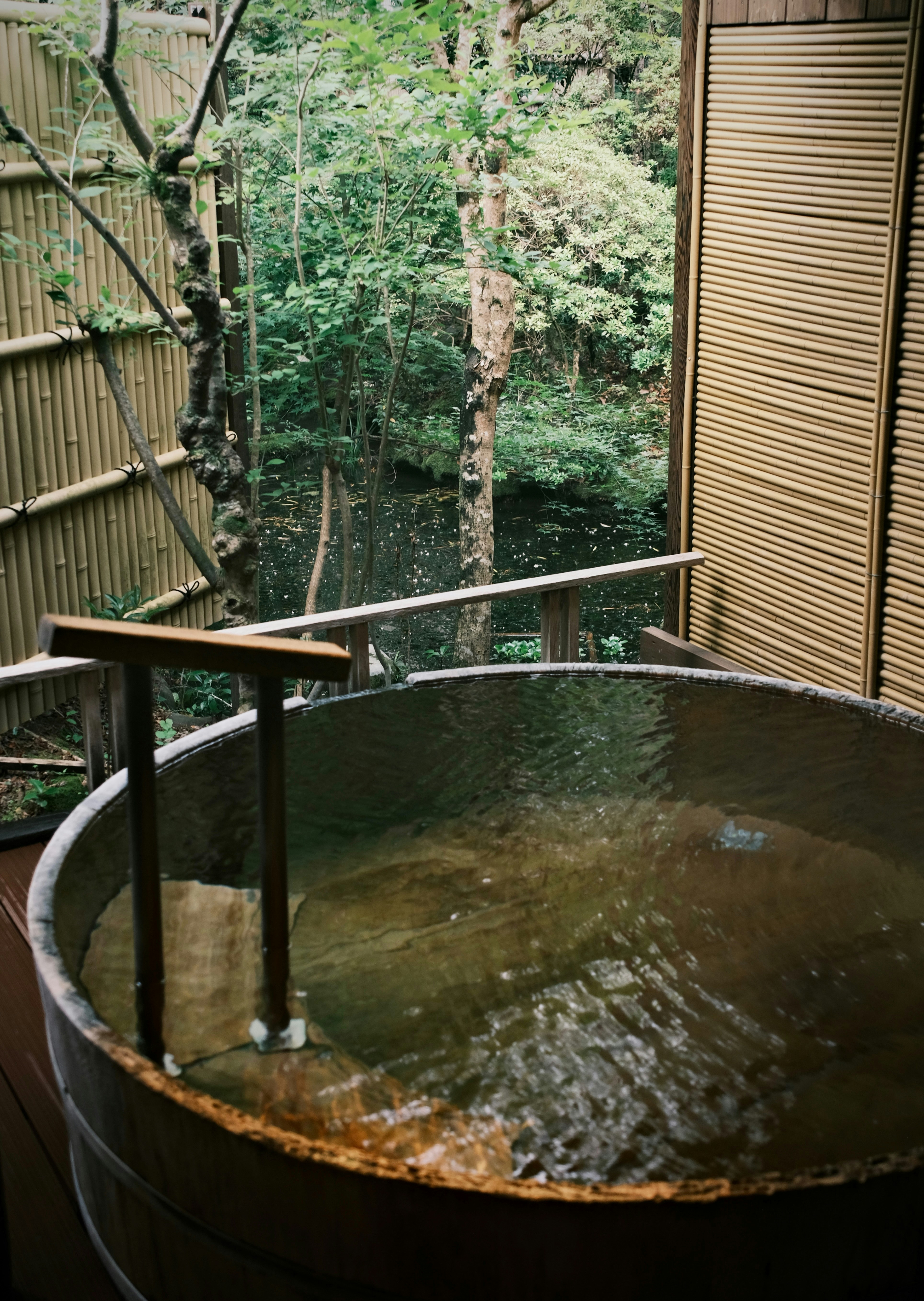Quiet Steam Garden: A Copper Trough Framed by Bamboo and Slats