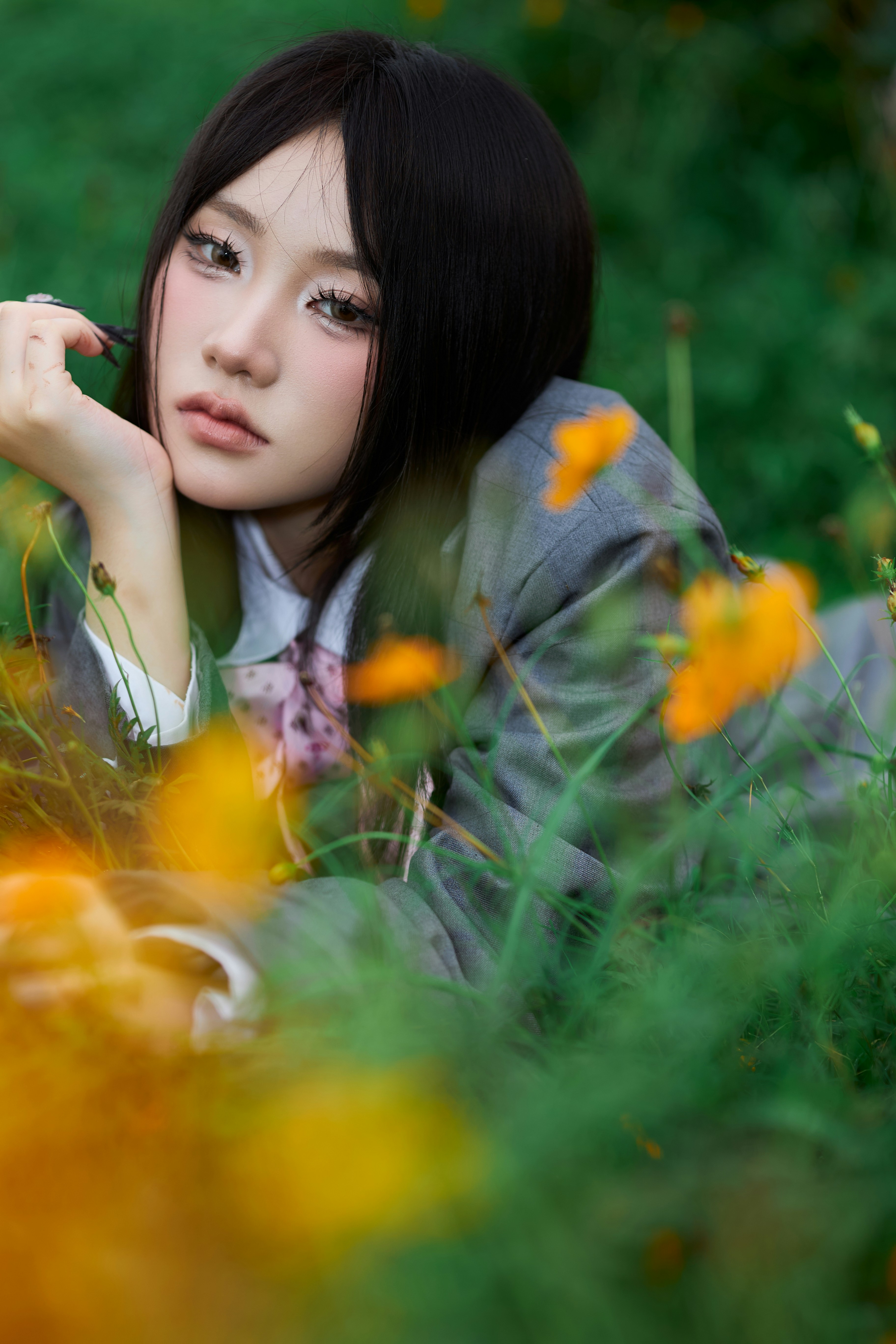 Soft Focus in a Field of Glow: Portrait Amid Orange Blooms