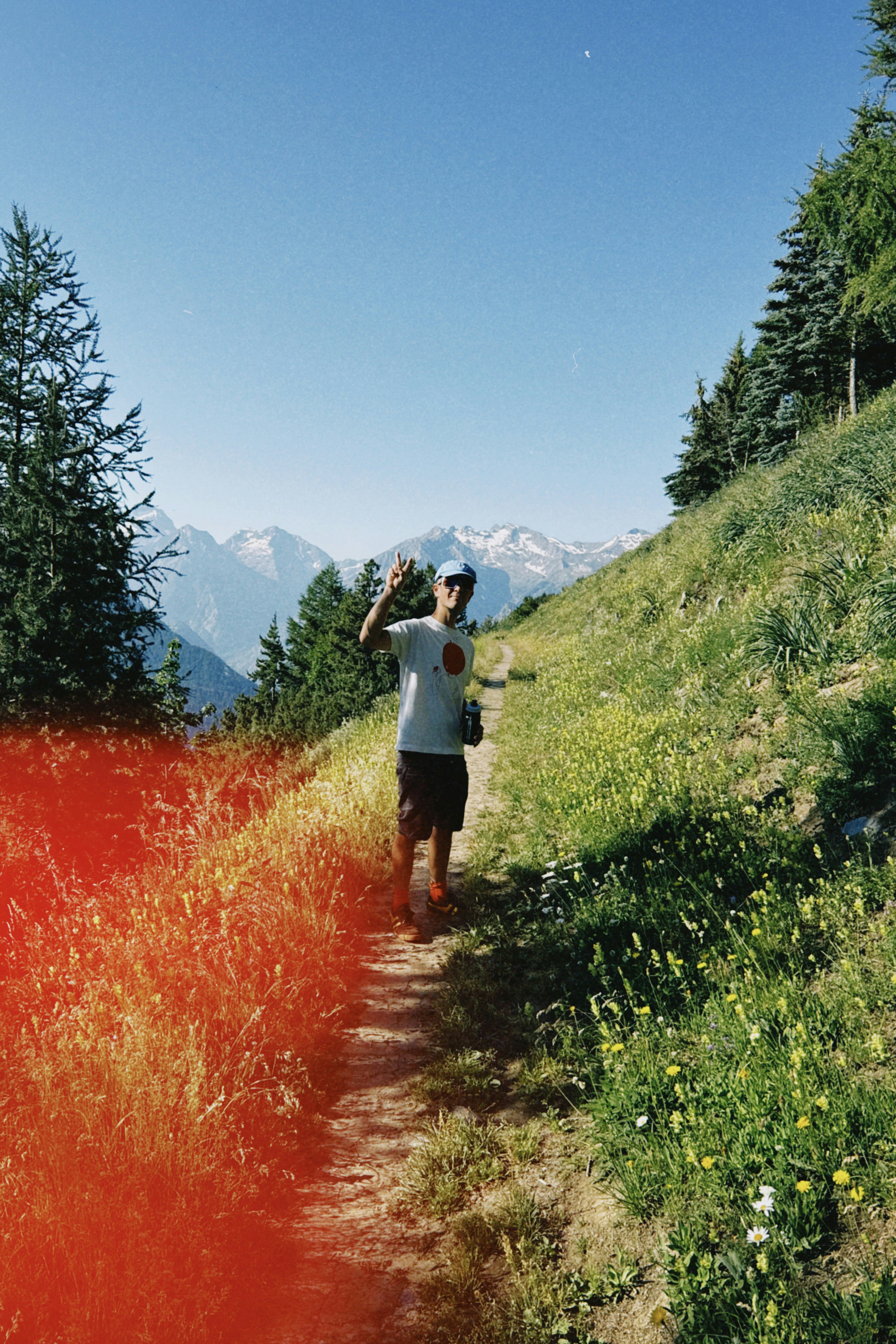 Hiker on a sunlit alpine trail with distant snow-capped peaks