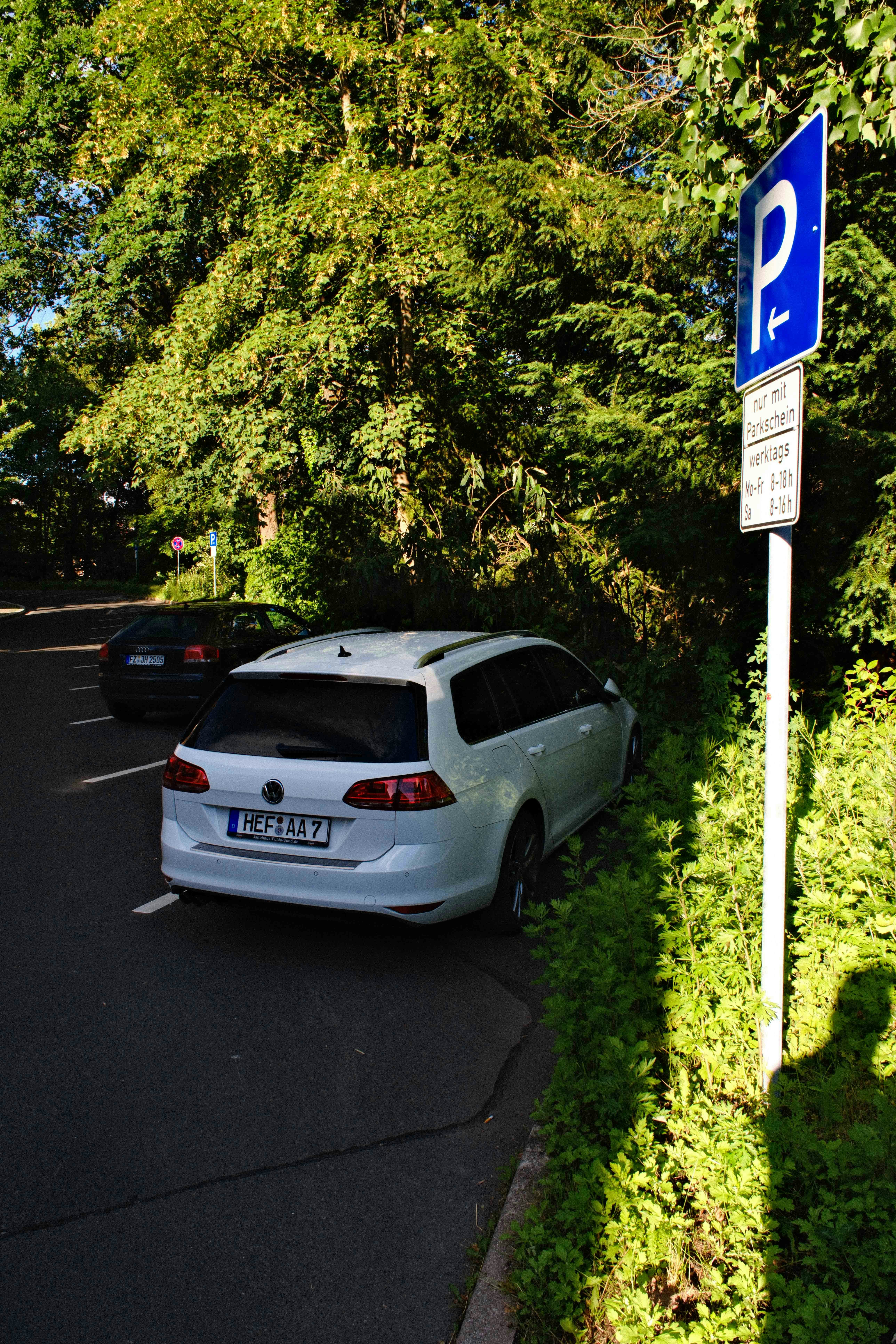 White station wagon parked beside a blue parking sign.