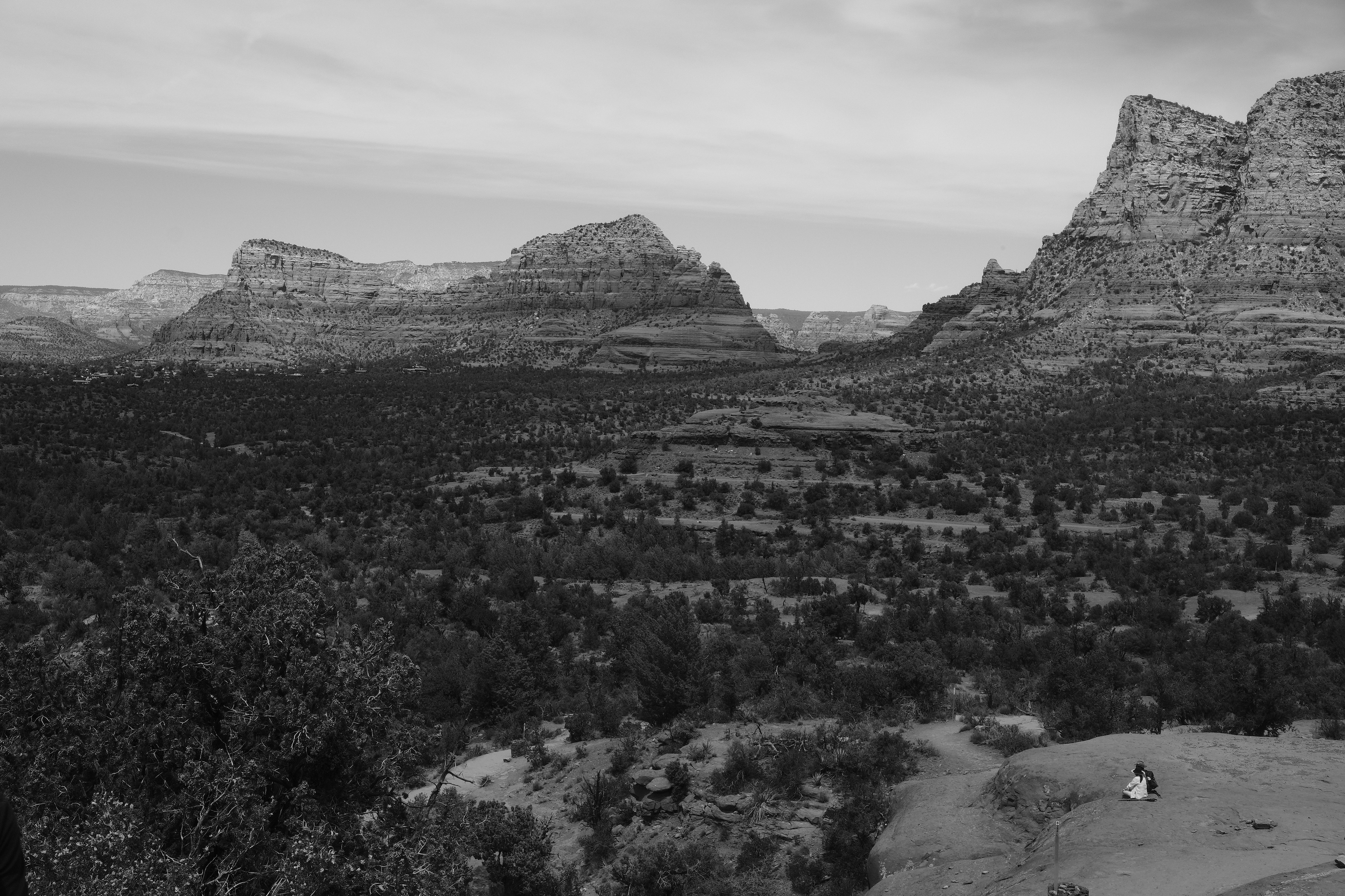 Desert Vista at Dusk: Lone Rider Beneath Weathered Cliffs