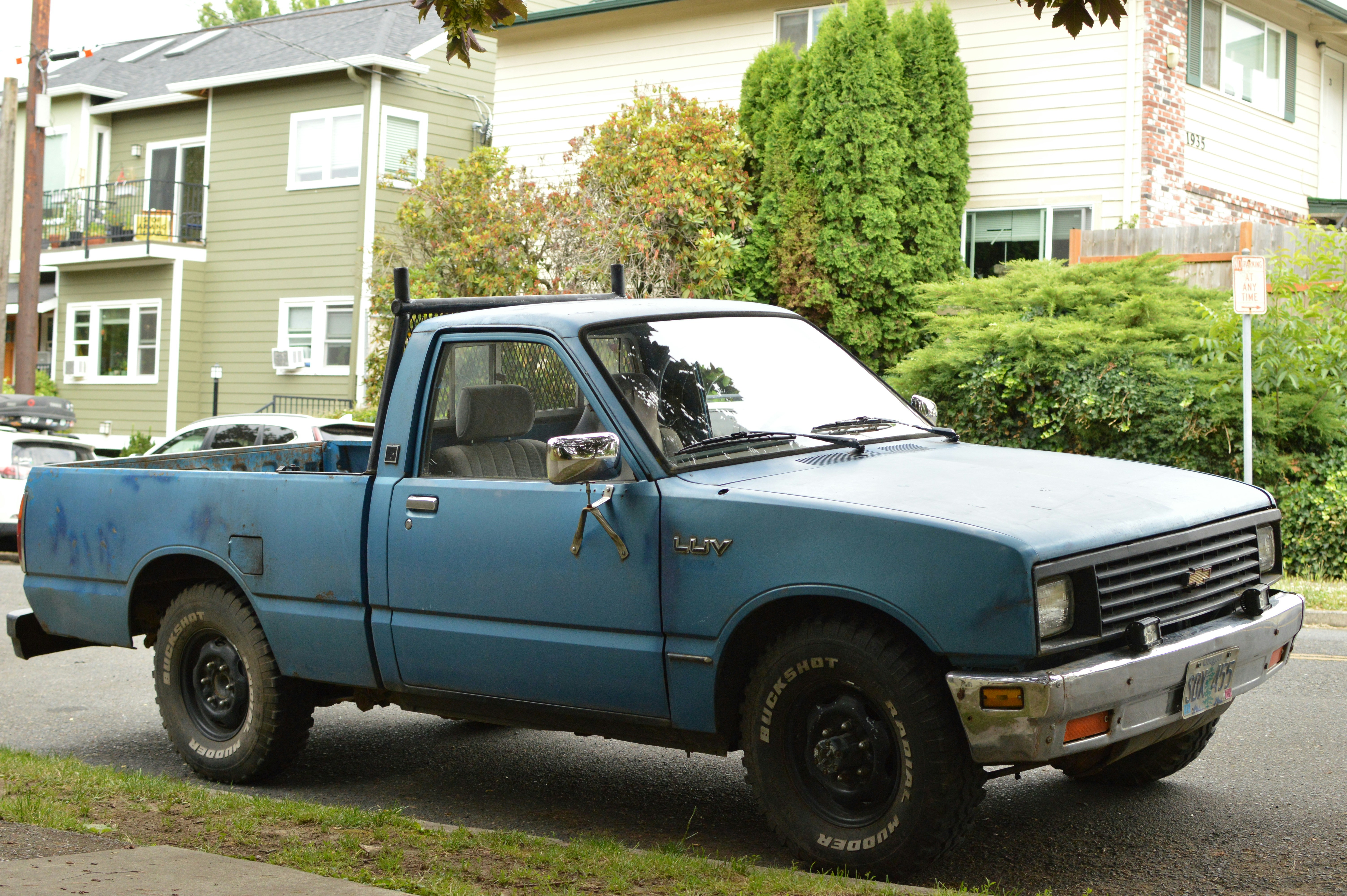 Blue pickup in a quiet suburban street