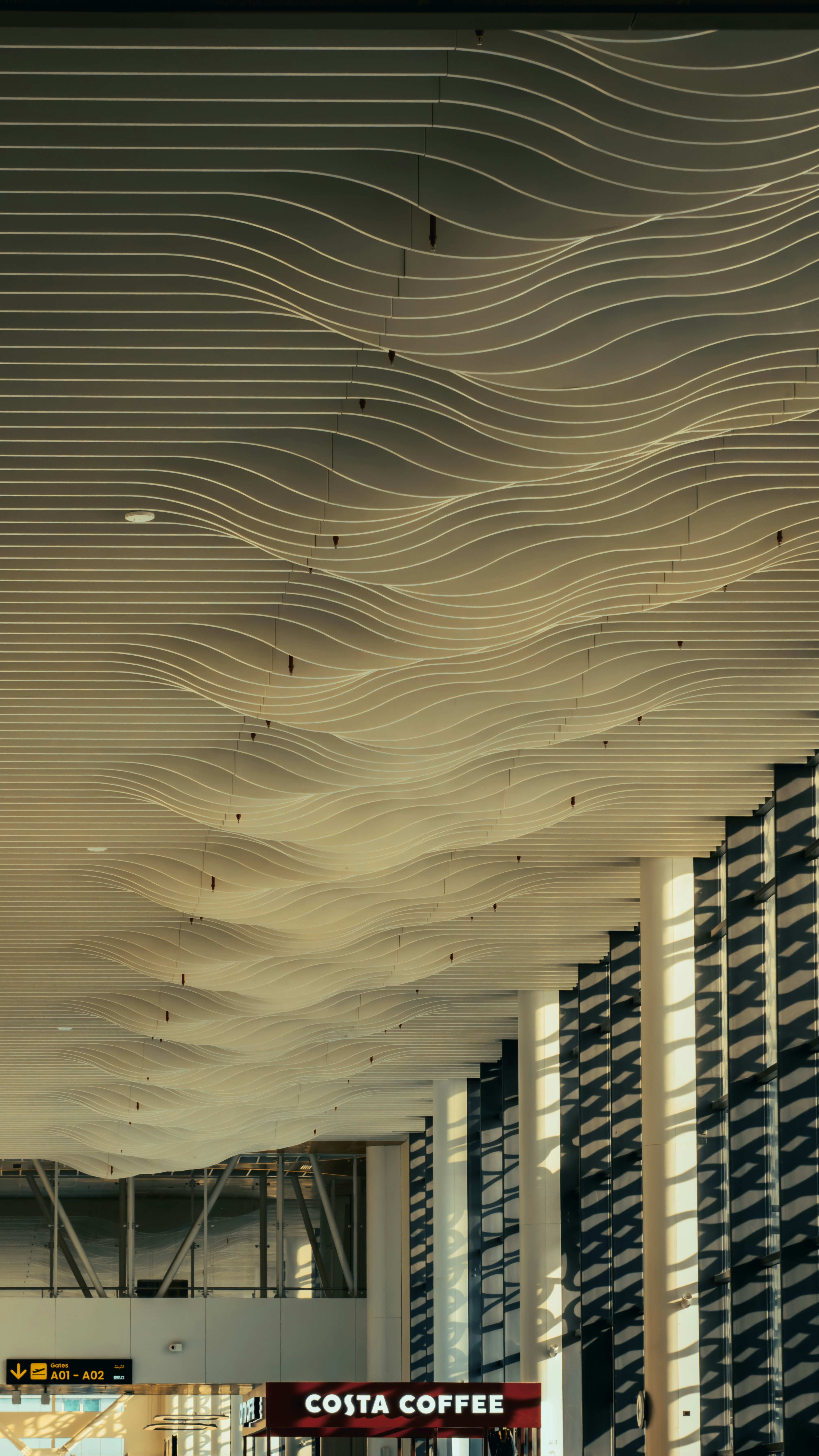 Wavy Ceiling Gallery: Light, Shadow, and Coffee Lines