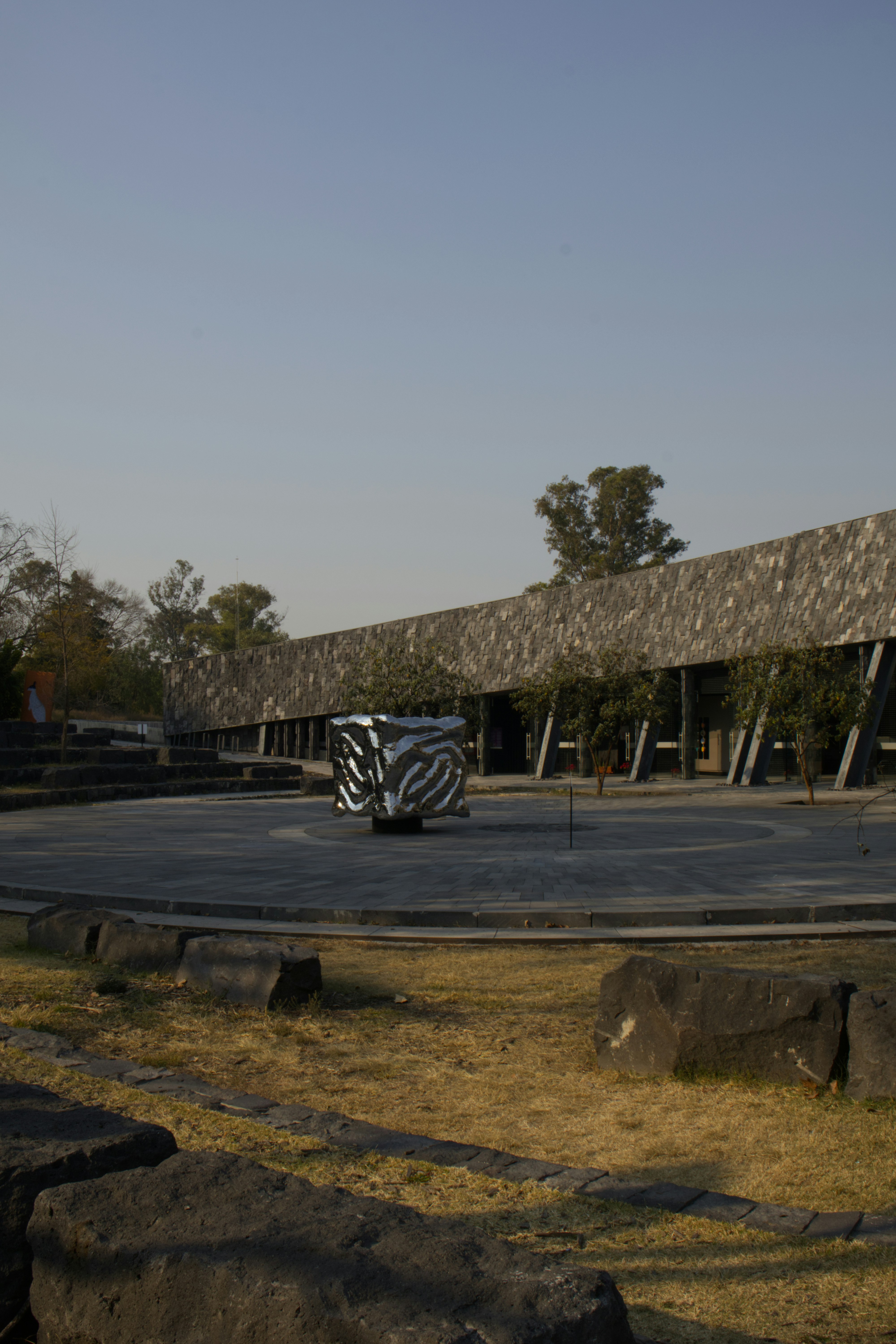 A circular plaza with a zebra-patterned sculpture sits at the center, framed by a long, textured building and sparse trees under a clear sky.