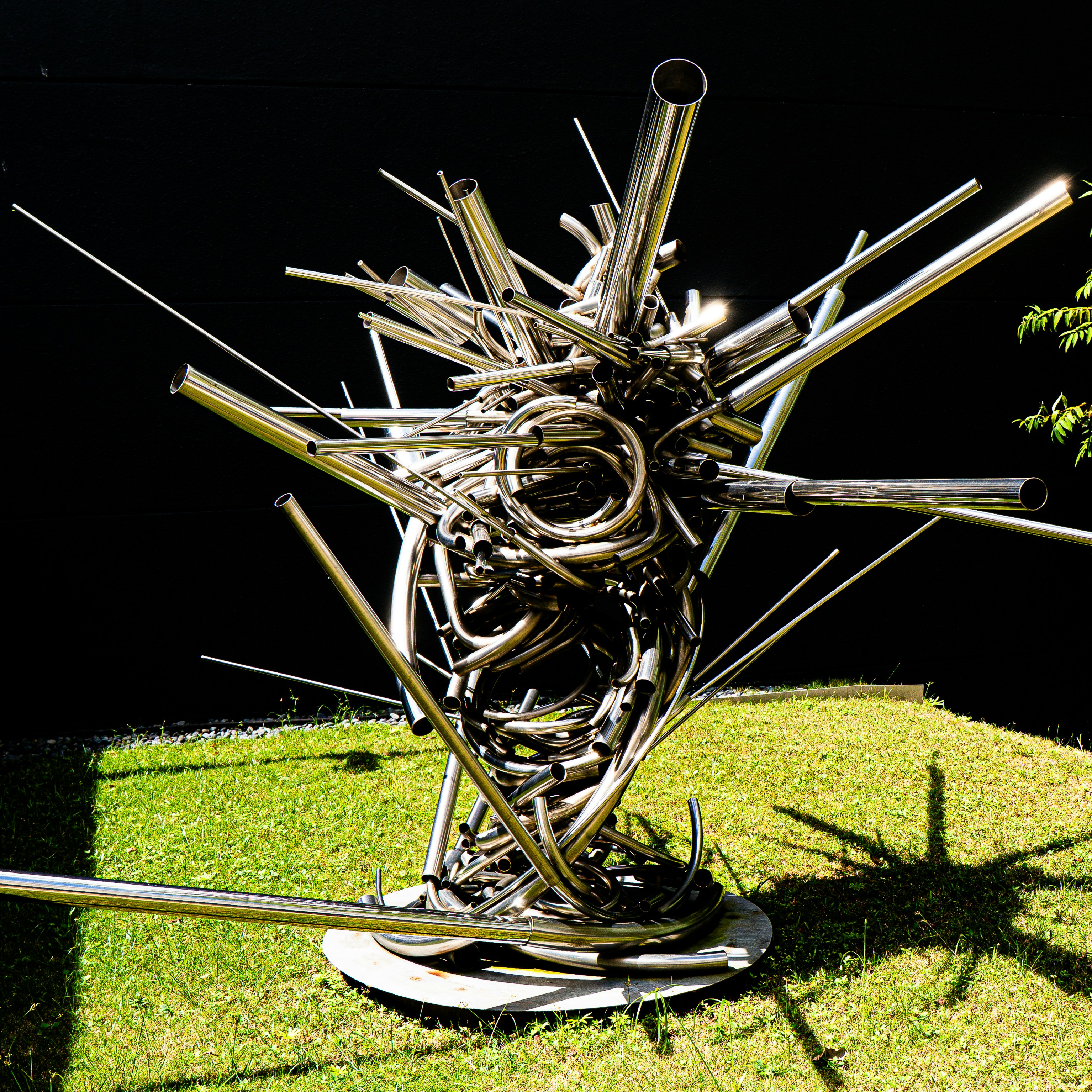 Industrial Helix: A stainless steel tangle crowned with sunlit shafts