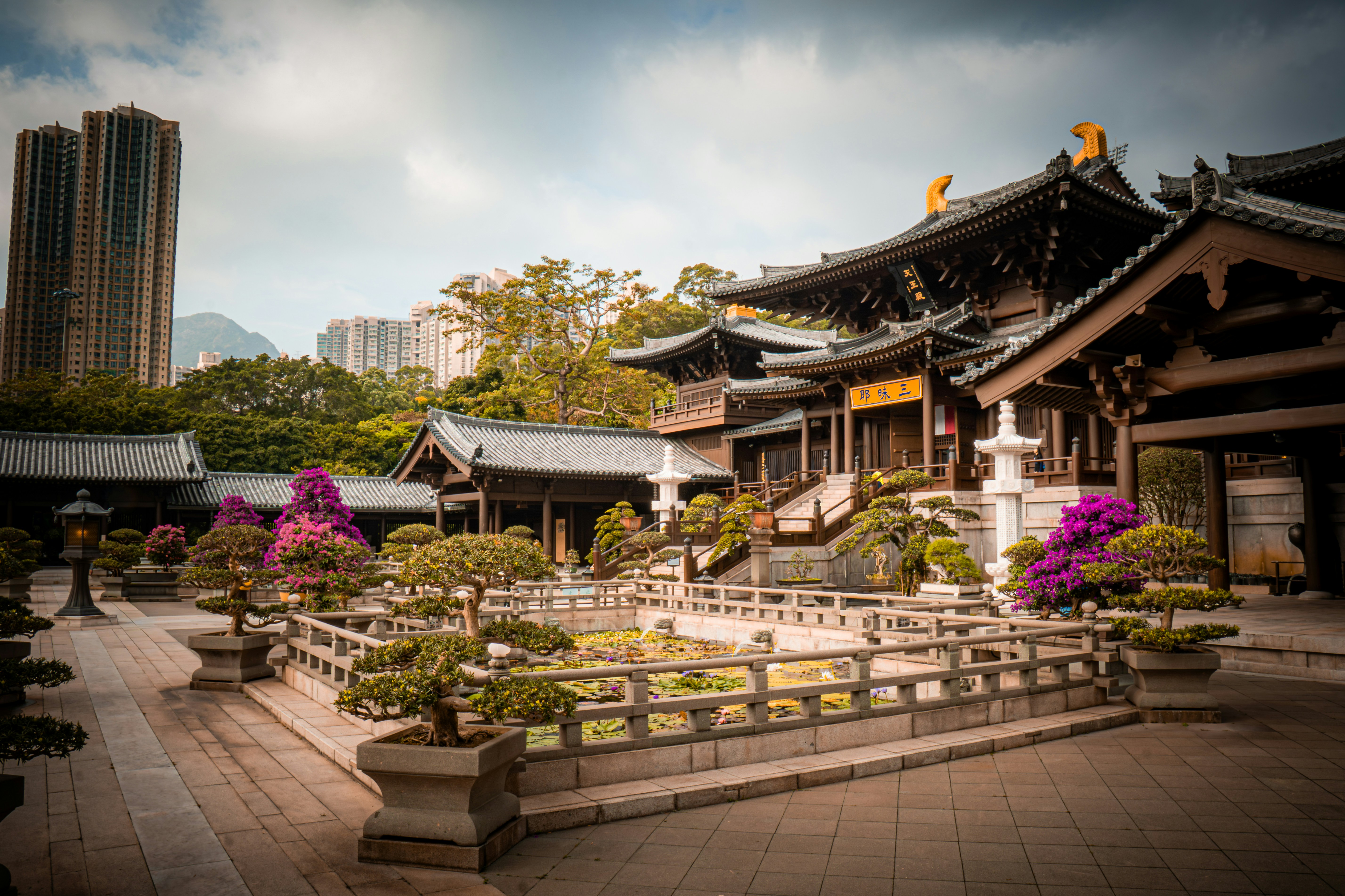 Quiet Temple Courtyard Amid Urban Backdrop