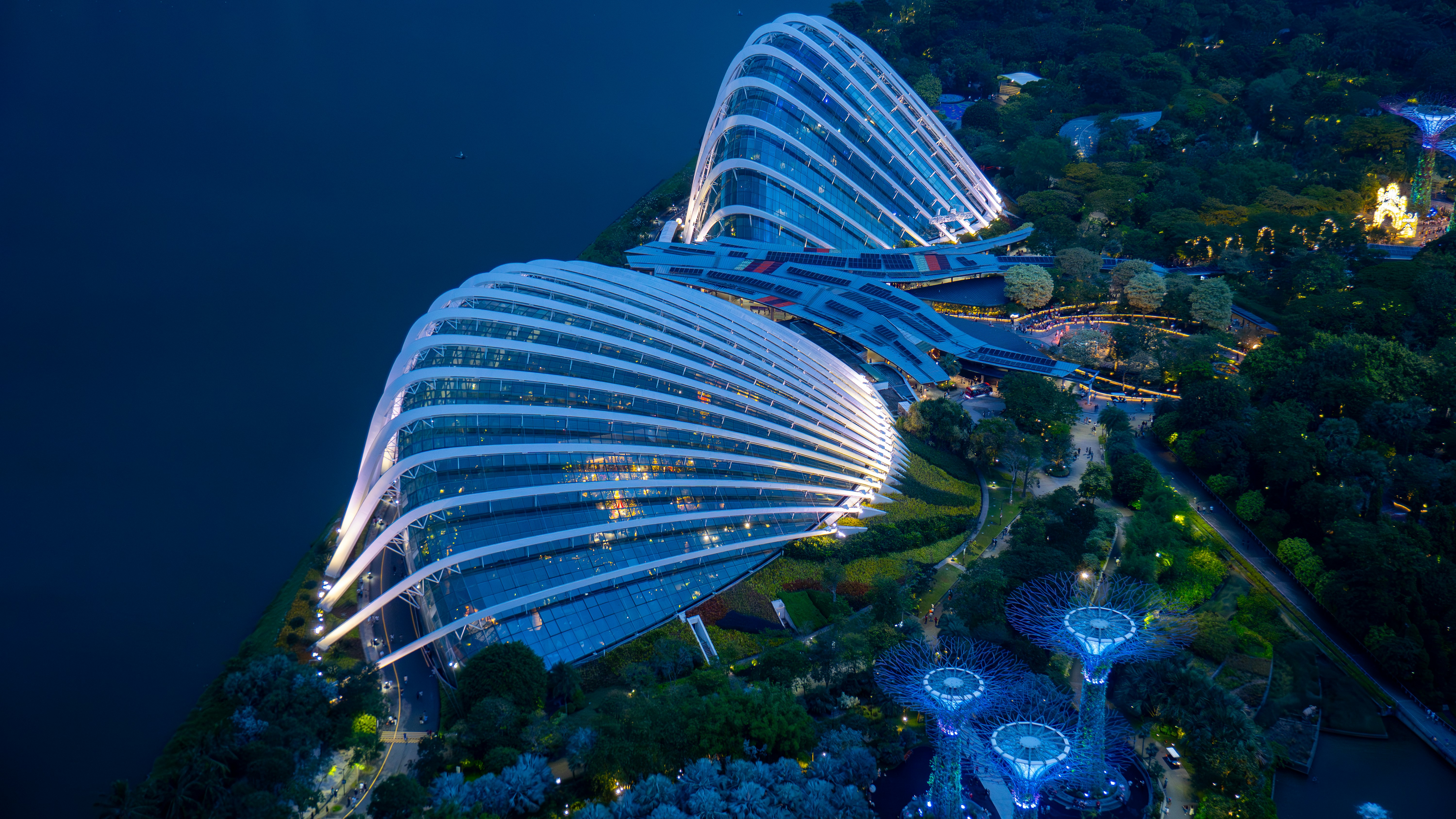 Night Aerial of Curved Glass Roofed Pavilions Beside a Glimmering Harbor