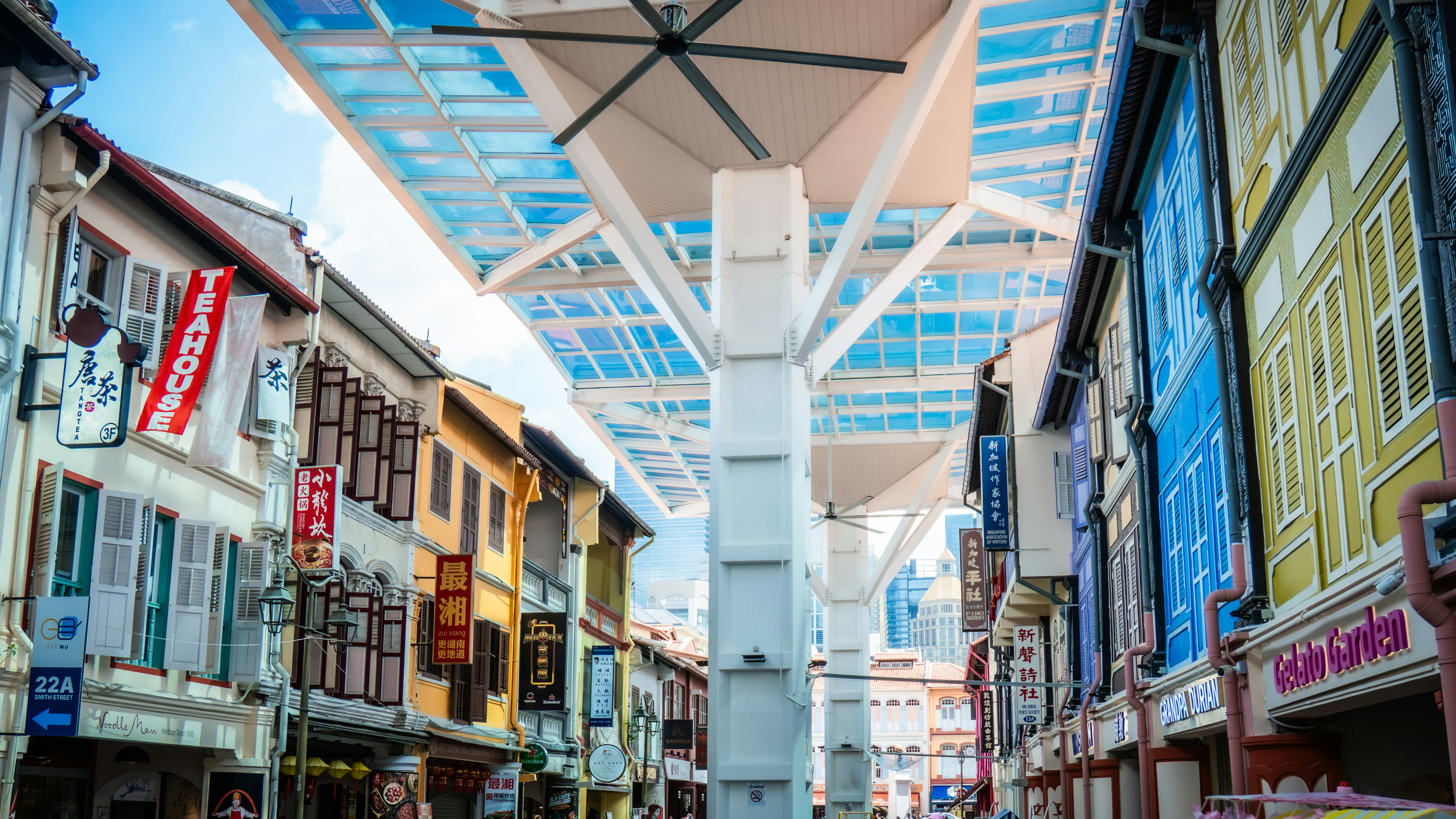 Colorful Shophouses Beneath a Modern Skywalk