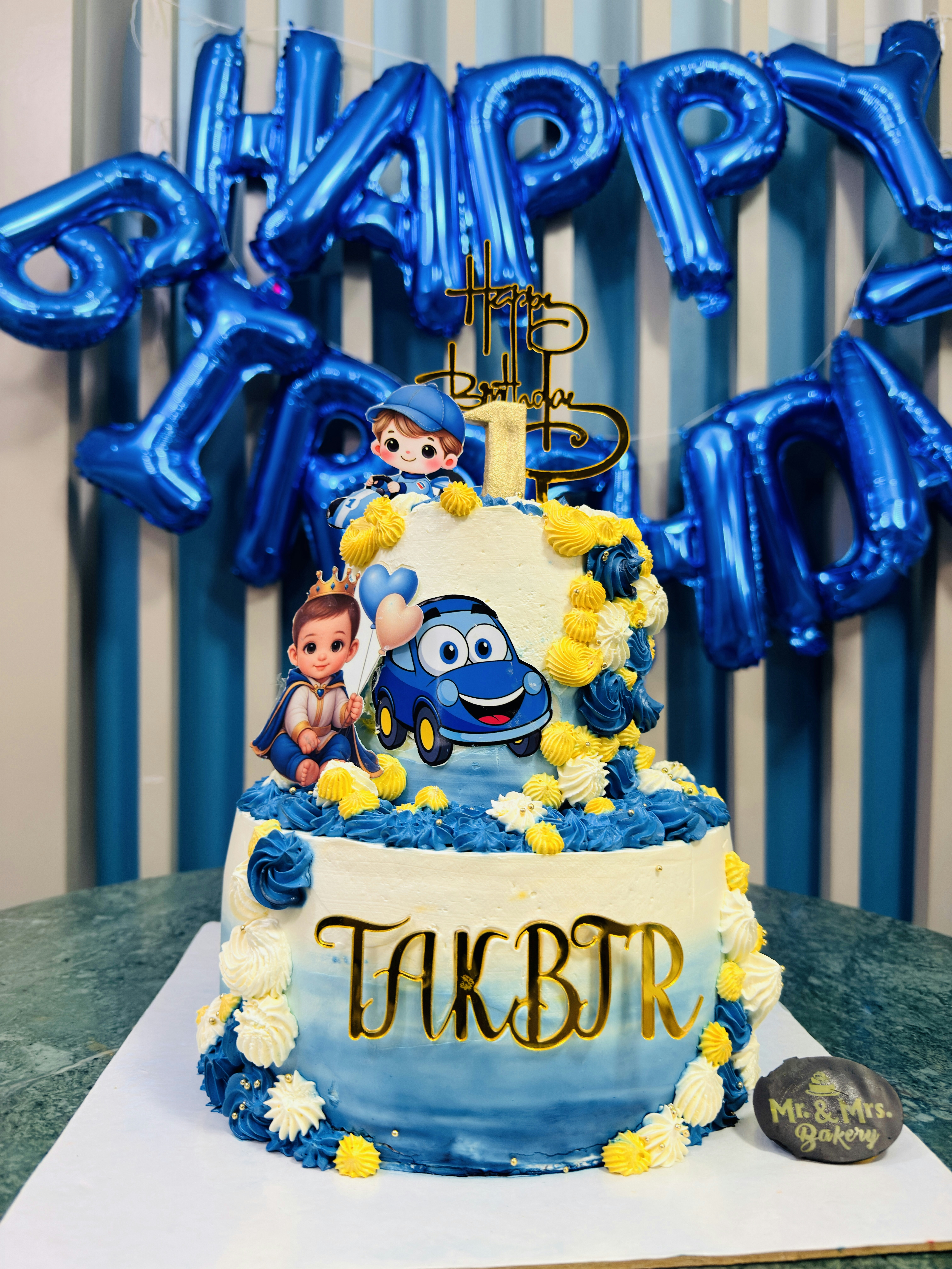 Birthday Cascade: Blue Buttercream Portrait with Celebration Balloon Backdrop