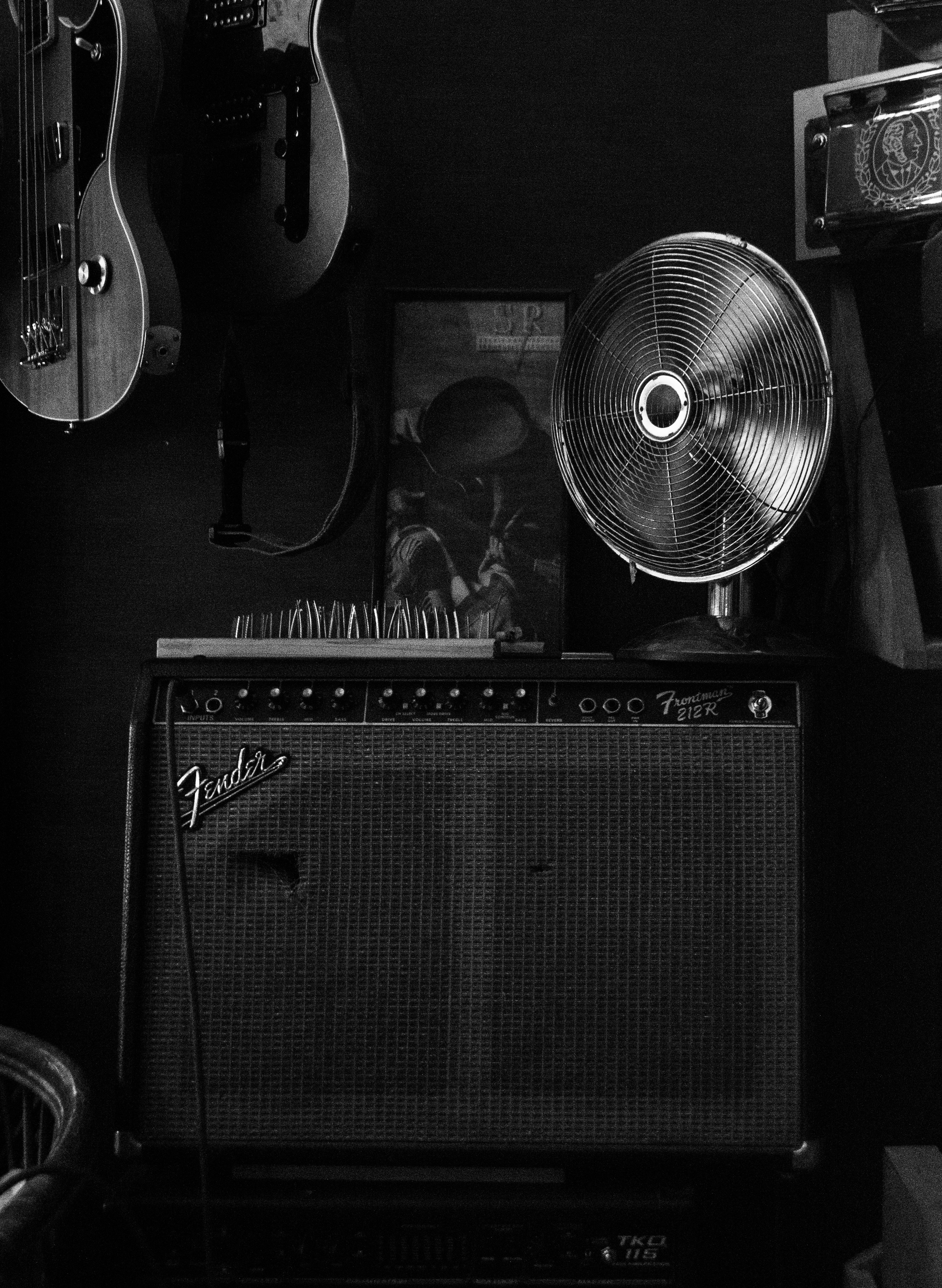 Echoes of the Stage: A Vintage Guitar Rig in Monochrome