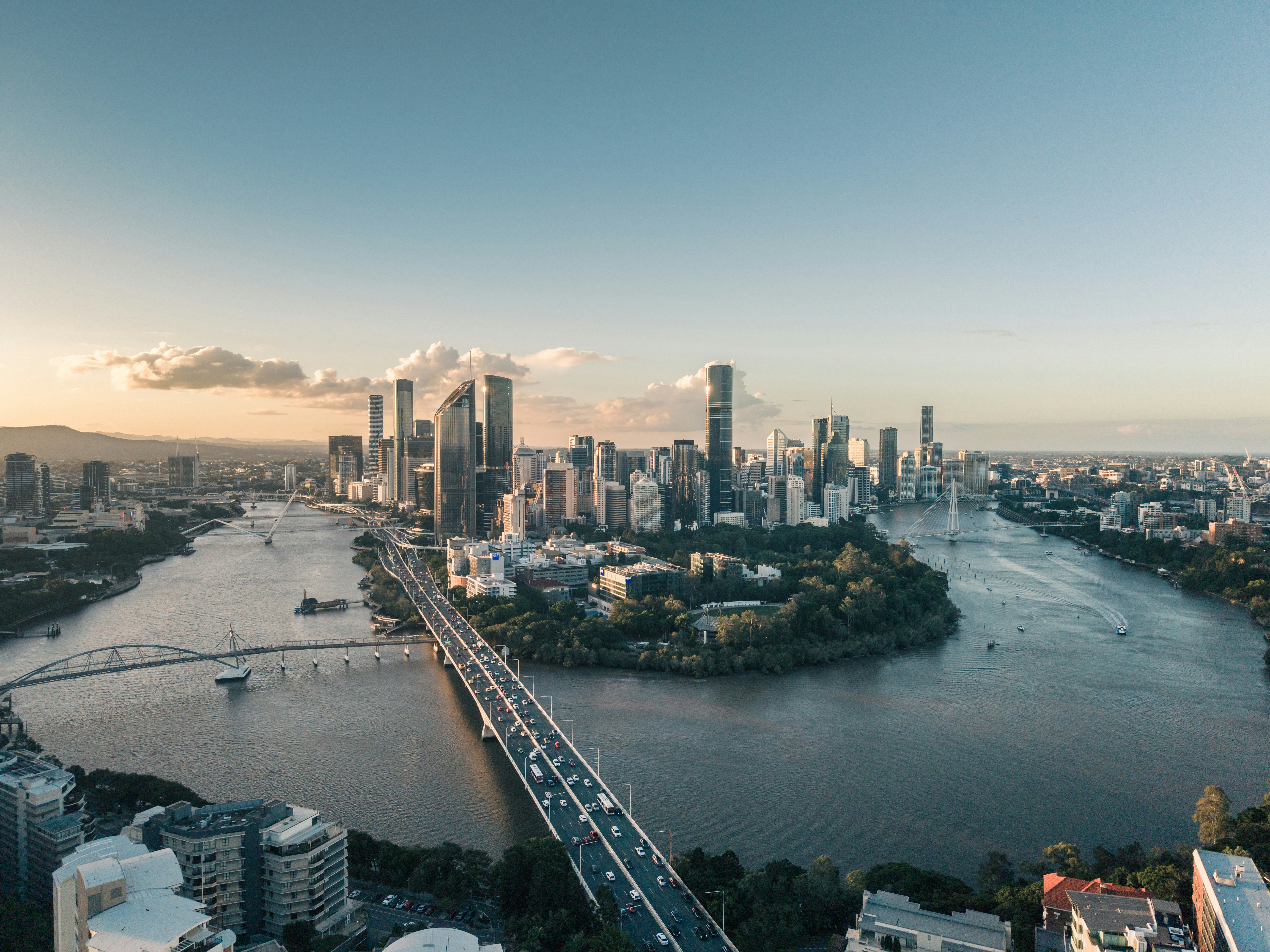 Urban Confluence: Aerial View Over the River and Skyline