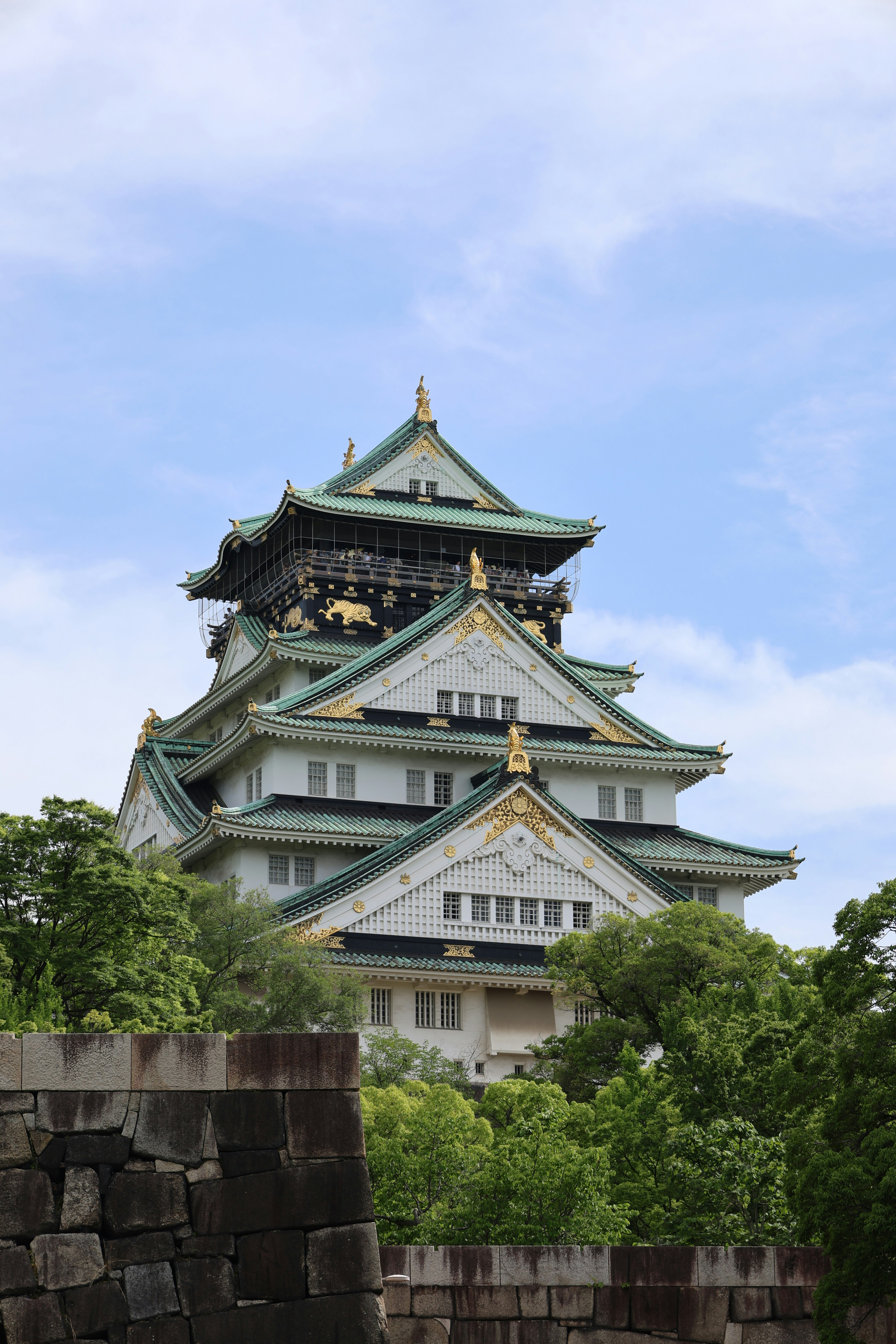 Stone Walls and Green Roofs: Osaka-Style Castle Rising Above the Framing Trees